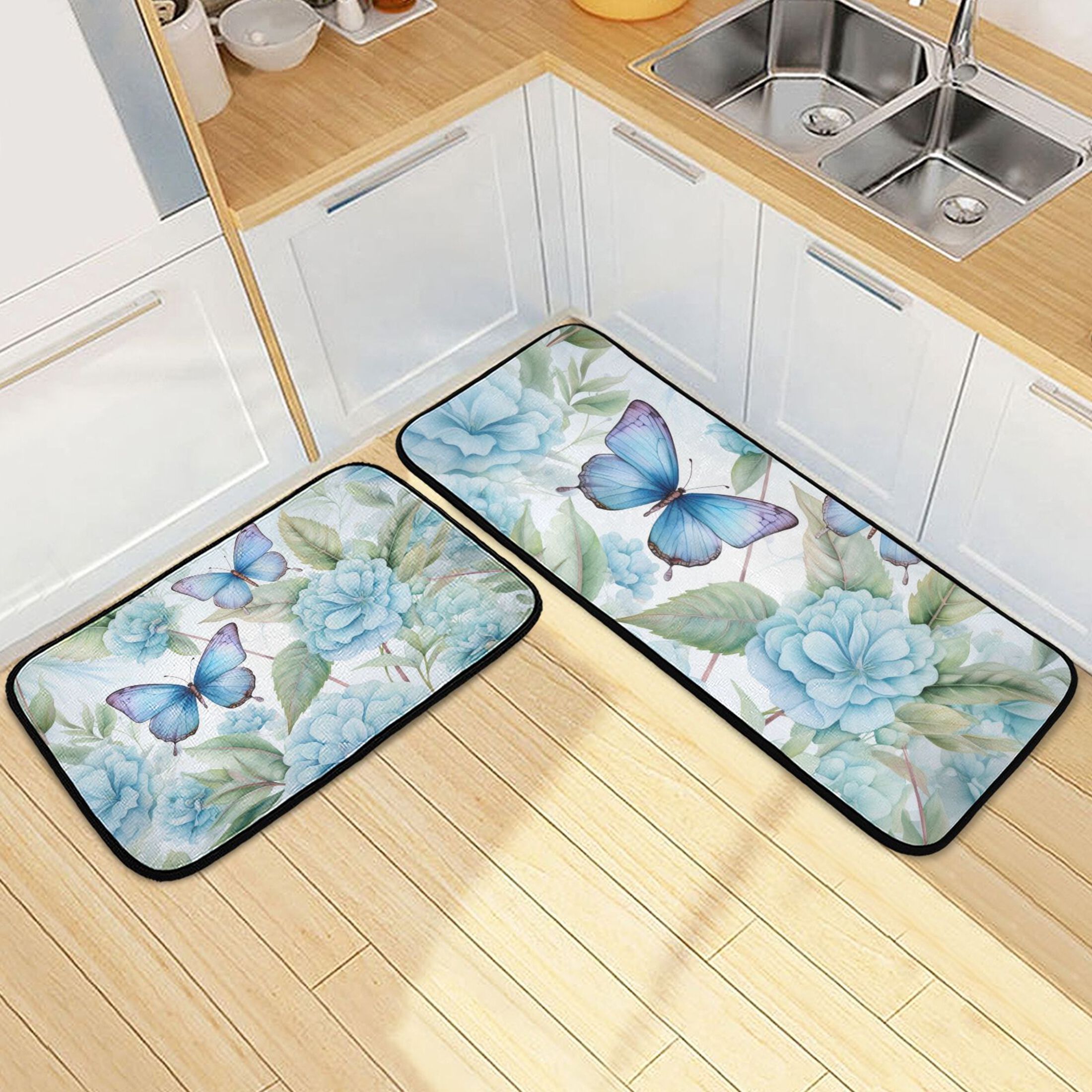 Butterfly on Flowers Blue Kitchen Rugs Set of 2 Non Slip Floor Foam Mat ...