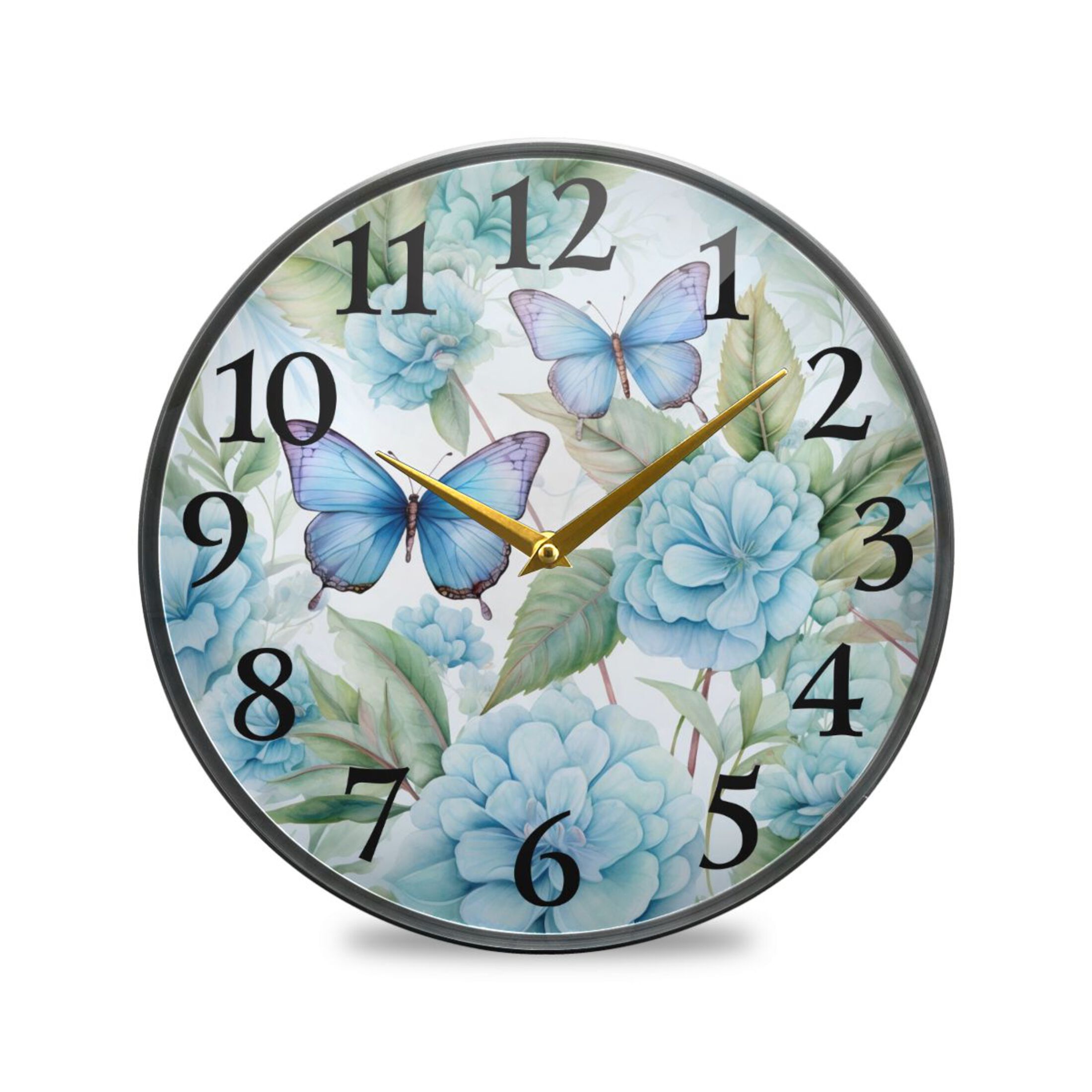 Butterfly on Flowers Blue Wall Clocks Battery Operated 11.9 Inch Round ...
