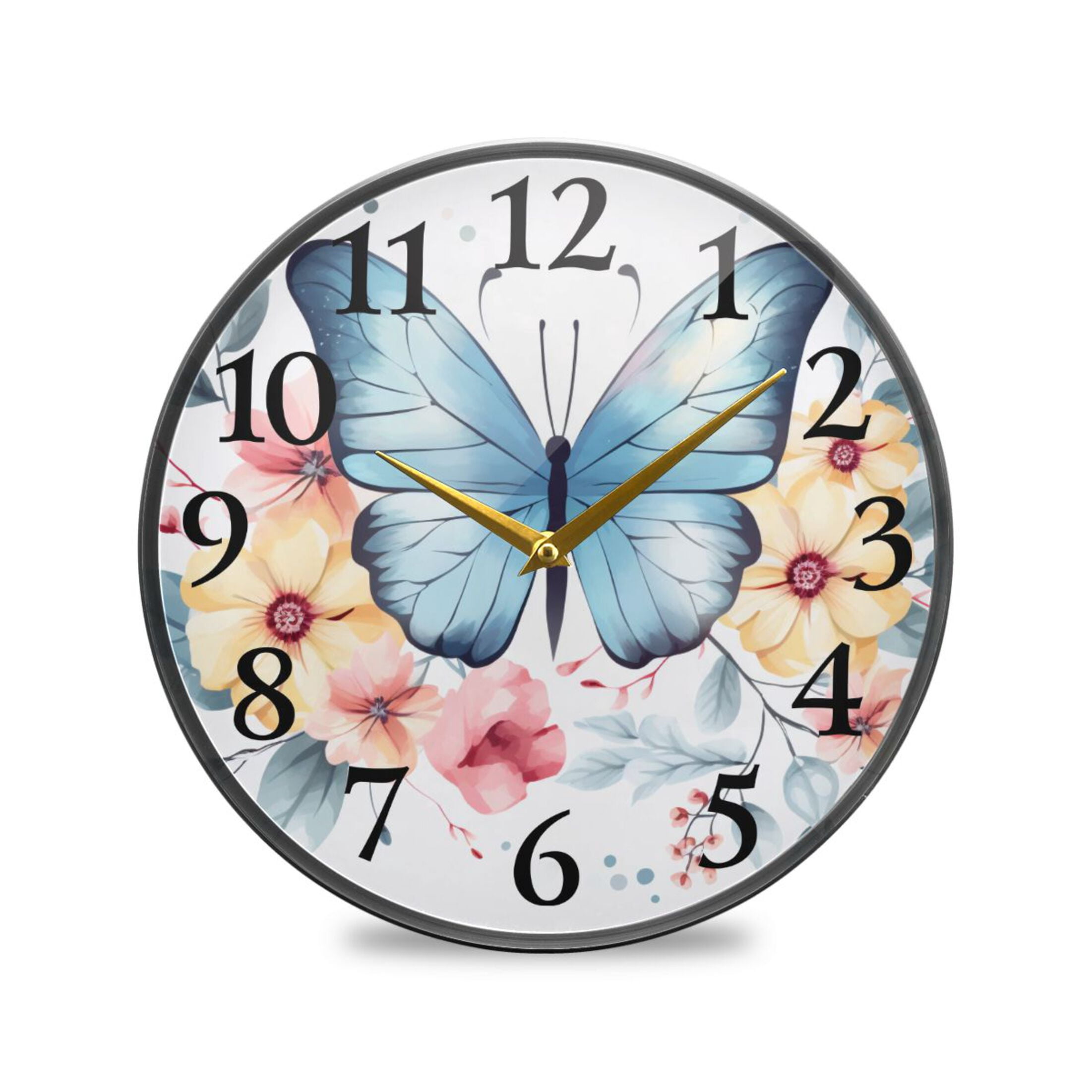 Butterfly on Flowers Wall Clocks Battery Operated 11.9 Inch Round Clock ...