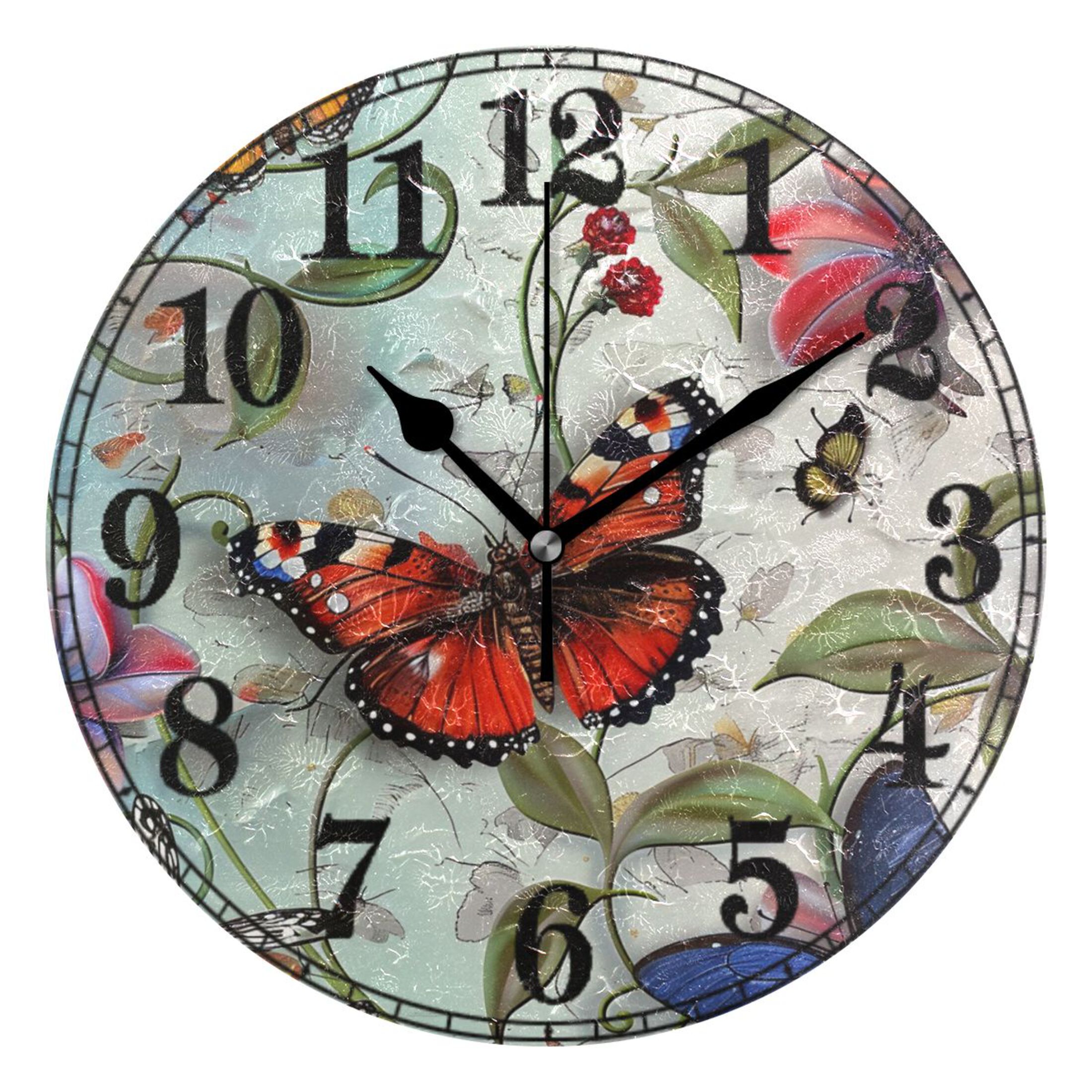 Butterfly on Leaves Silent Wall Clock 10" Non-Ticking Battery Clock ...