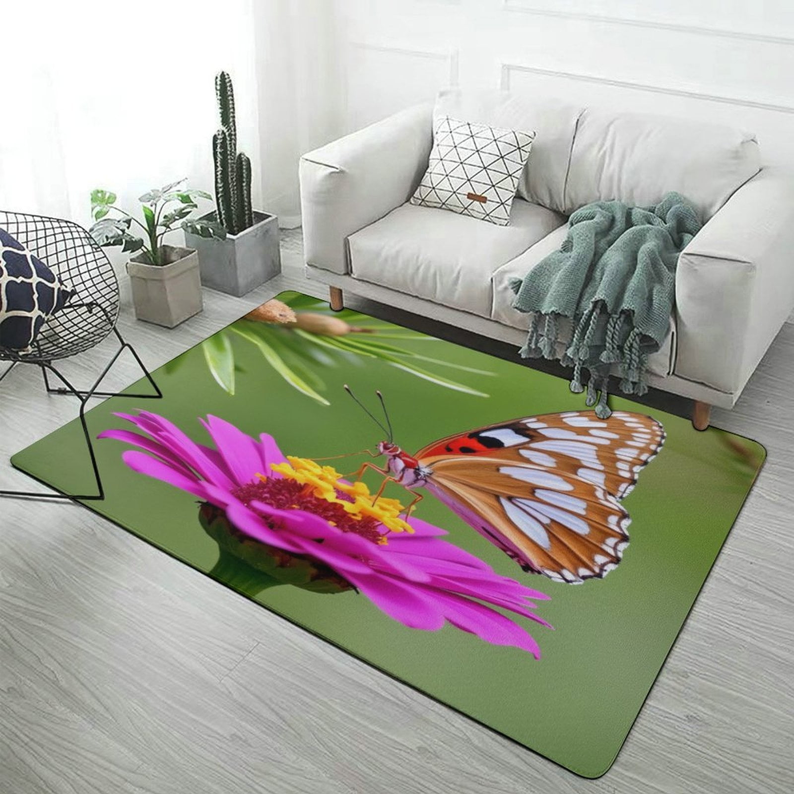Butterfly on Pink Flower Carpet Style Living Room Bedroom Rug Soft ...