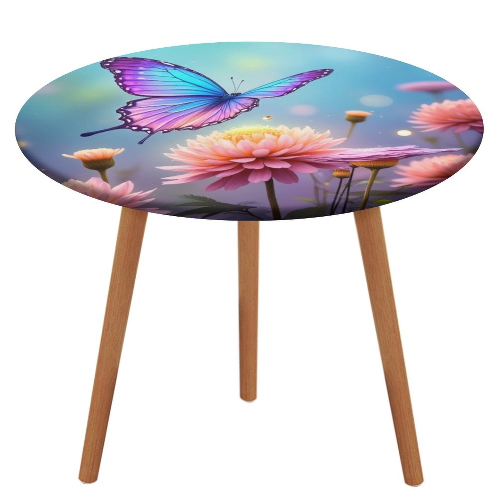 Butterfly on Pink Flowers Pattern Round Tablecloth Waterproof Elastic ...