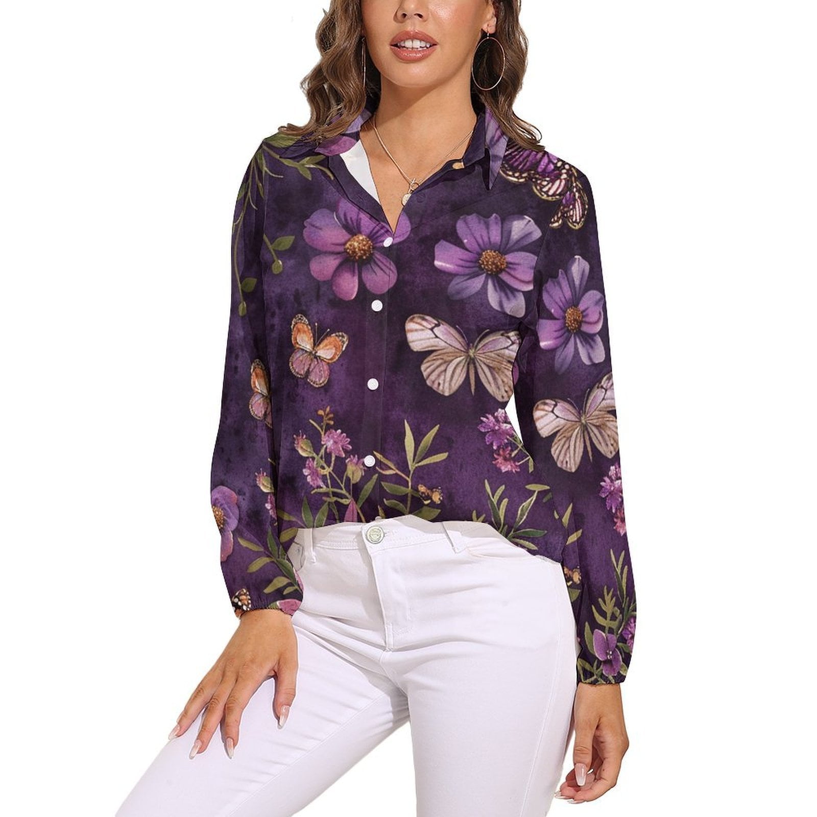 Butterfly on Purple Flower Long Sleeve Blouse Woman Streetwear Casual Shirts Summer Oversize ...