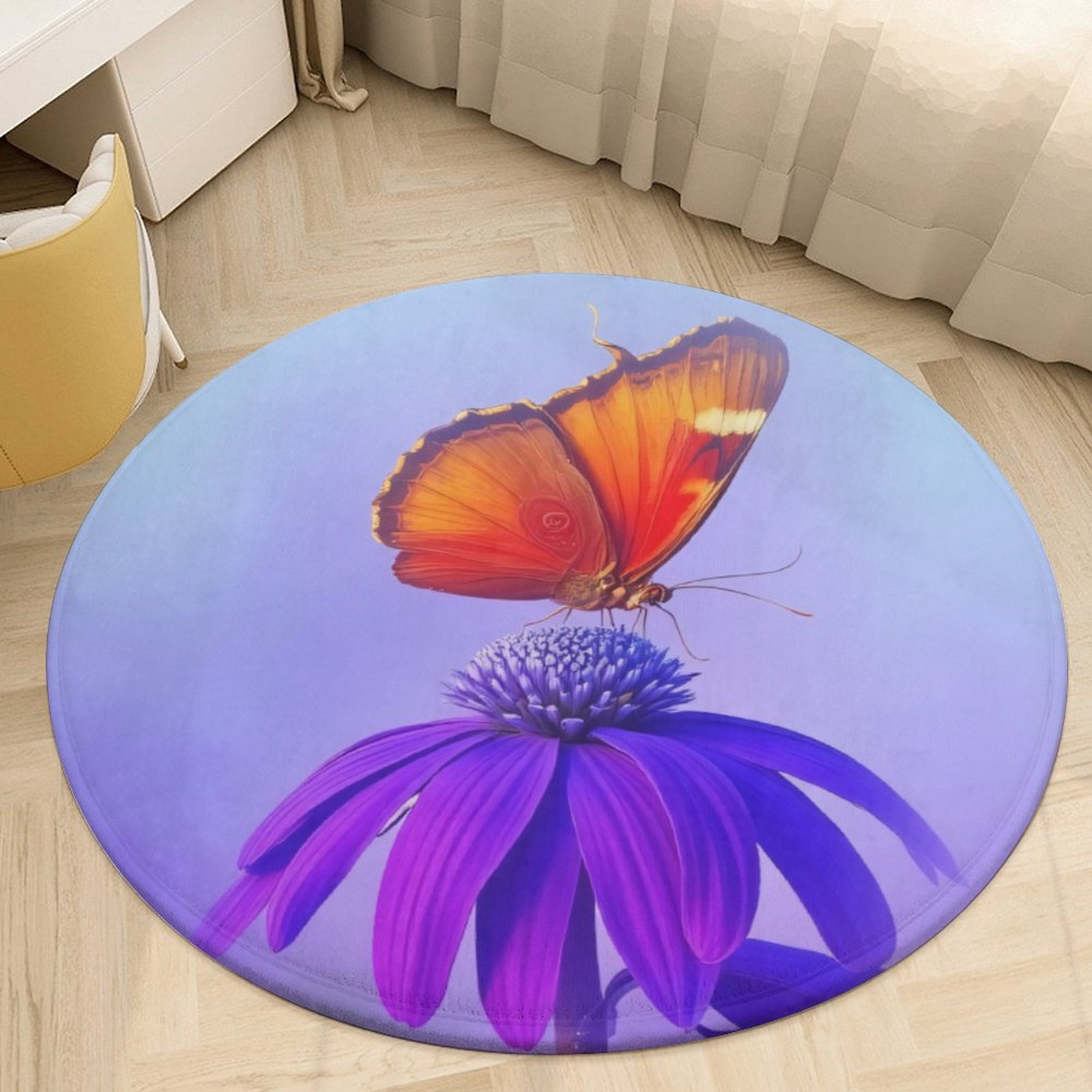 Butterfly on Purple Flower Round Area Rugs for Bedroom Living Room, 4FT ...