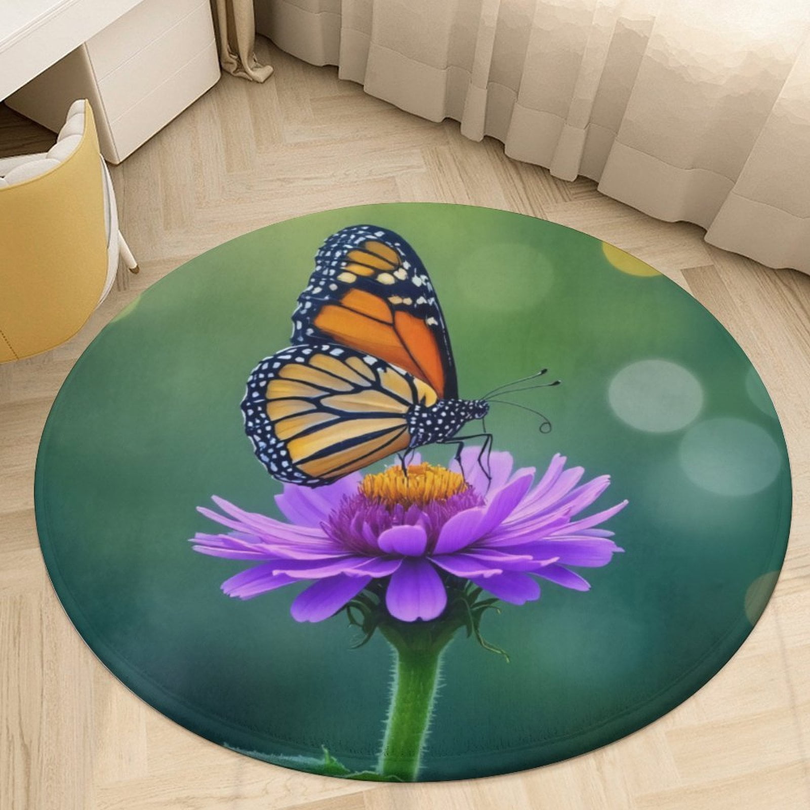 Butterfly on Purple Flower Round Area Rugs for Bedroom Living Room, 6FT Soft Indoor Circle ...