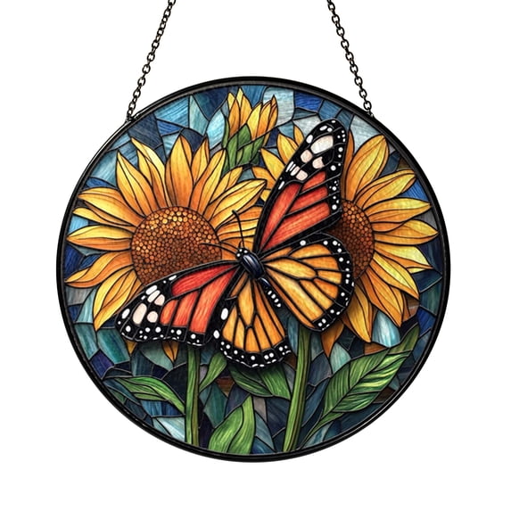 Butterfly over Sunflower Scene Window Suncatcher, Decorative Stained ...