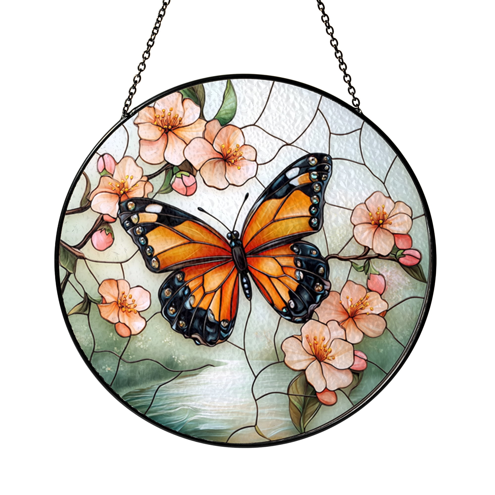 Butterfly with Blooming Flowers Art Glass Style Decorative Window ...