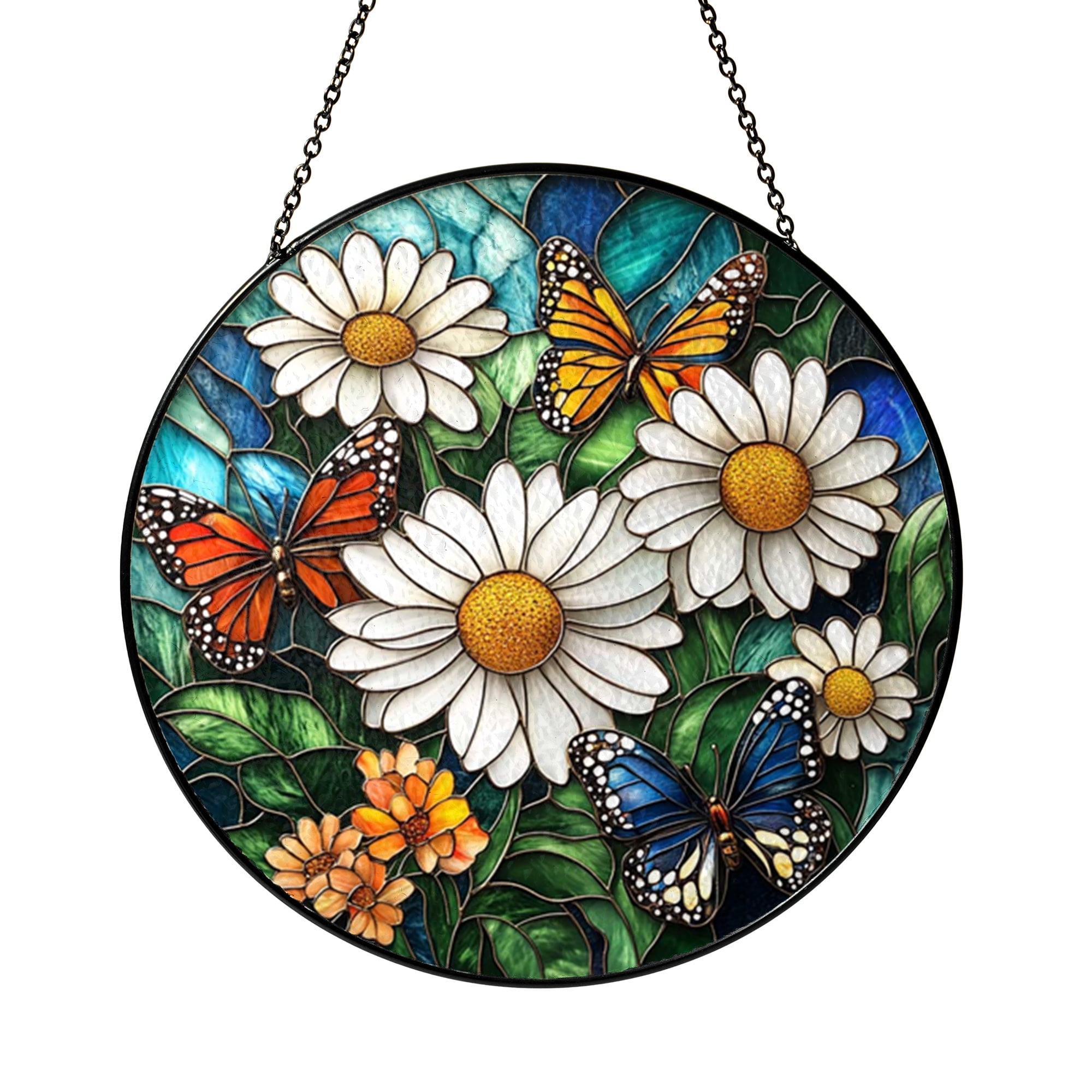 Butterfly with Flowers Decorative Window Hanging – Stained Glass Style ...
