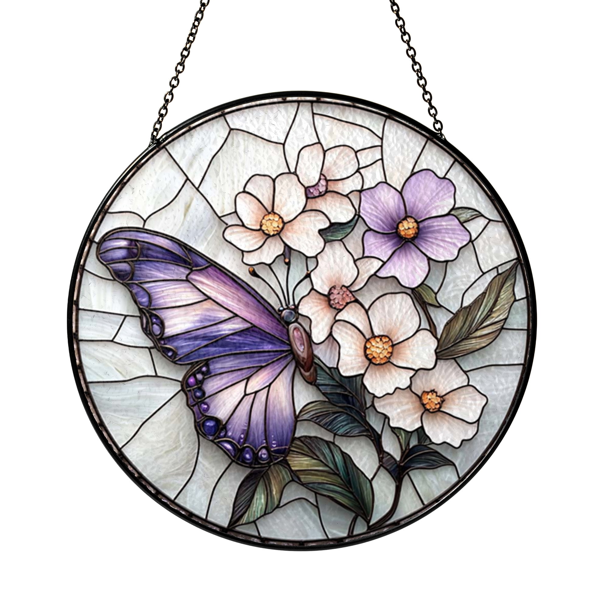 Butterfly with Flowers Decorative Window Hanging Stained Glass Style ...