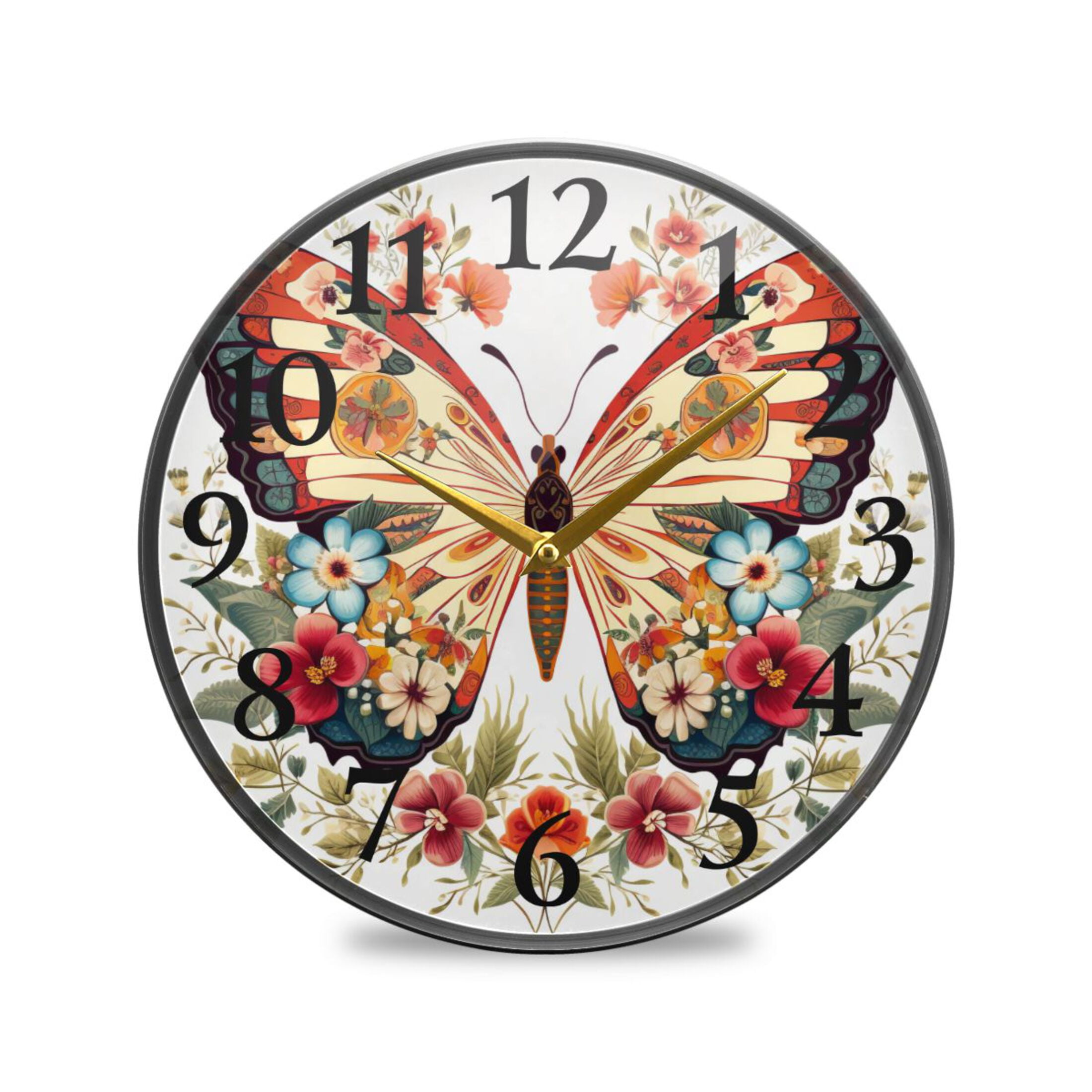 Butterfly with Flowers Wall Clocks Battery Operated 11.9 Inch Round ...