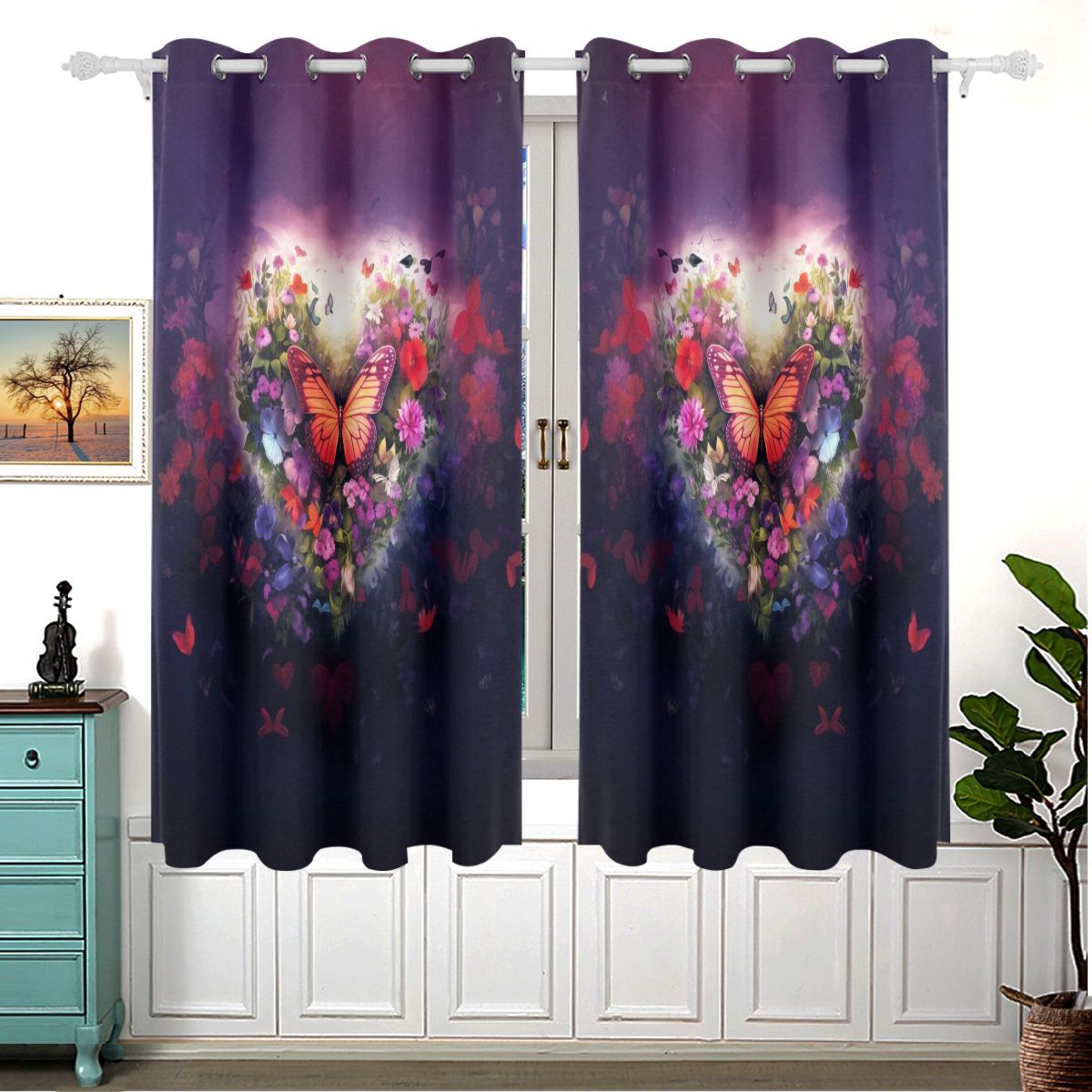 Butterfly with Heart Shape Flower Blackout Curtains 2 Panels Set ...