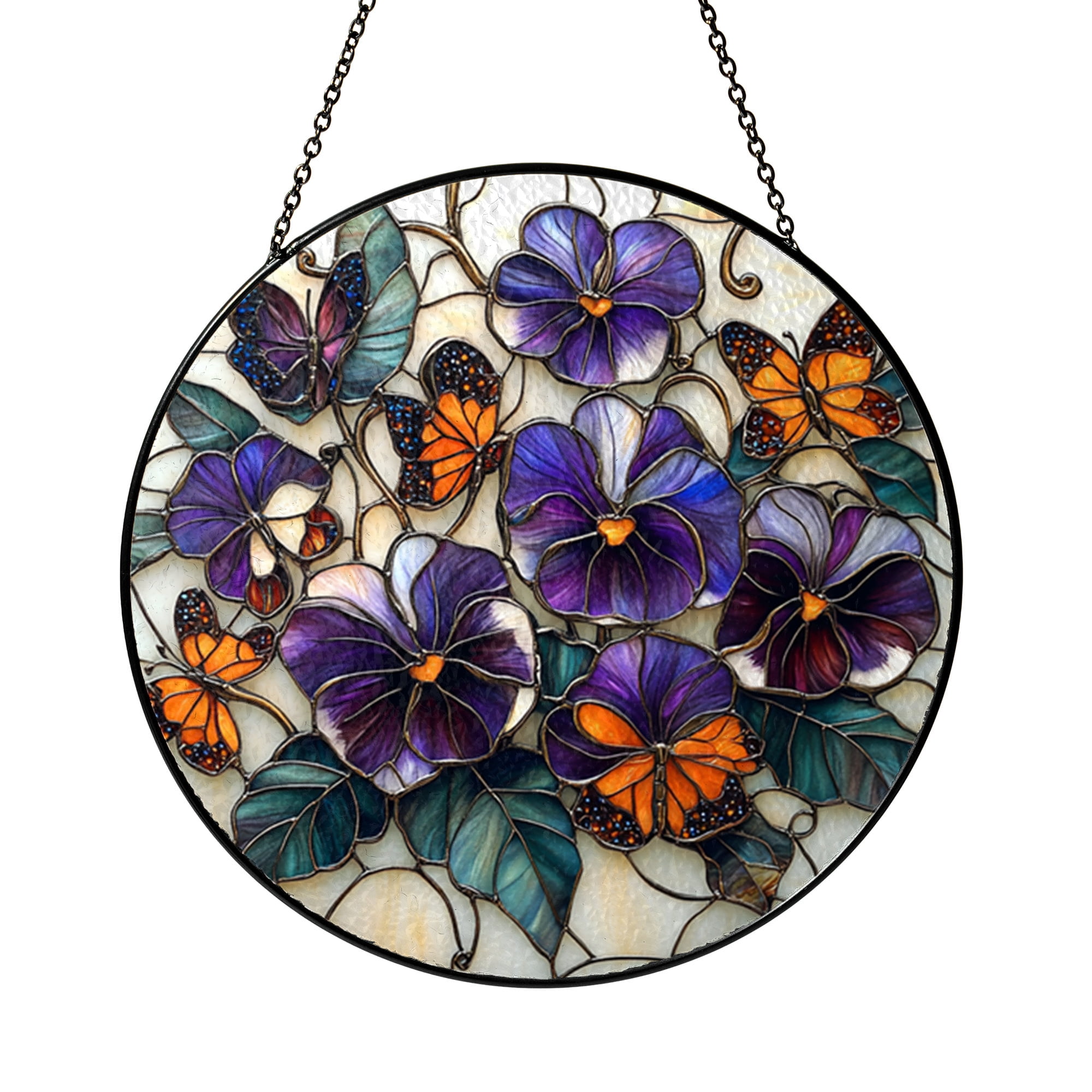 Butterfly with Pansy Floral Glass Suncatcher, Nature Window Art Decor ...