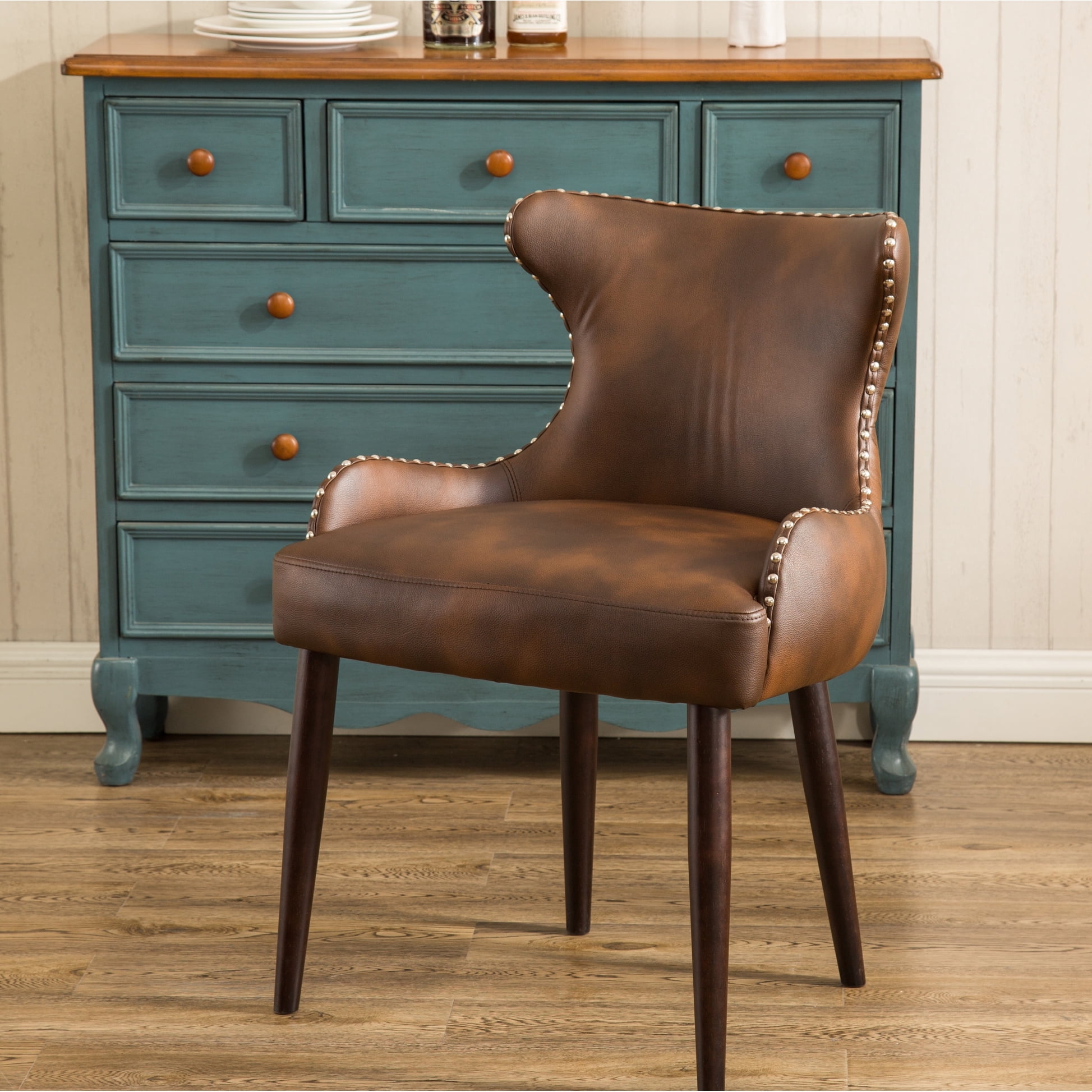 Button Back Chair With Nailhead, Rich Brown Fabric - Cushion, Hardwood ...