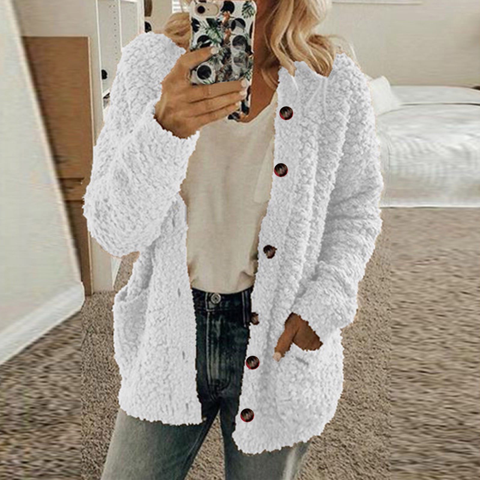 Button Down Cardigan for Women Fuzzy Open Front Chunky Knit Coats with ...