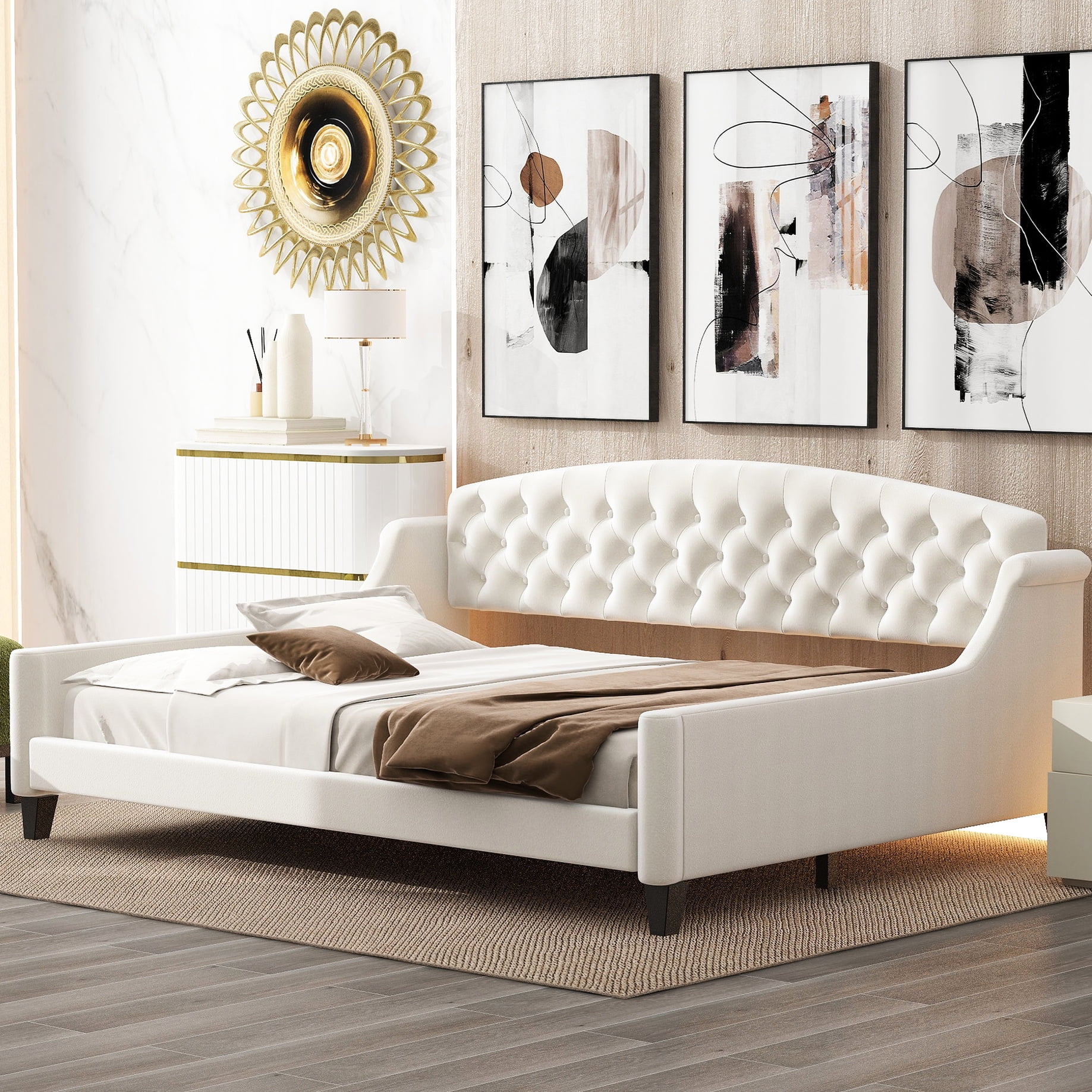 Button Daybed Full Size Beige - Robust Plywood & Foam Upholstery Daybed ...
