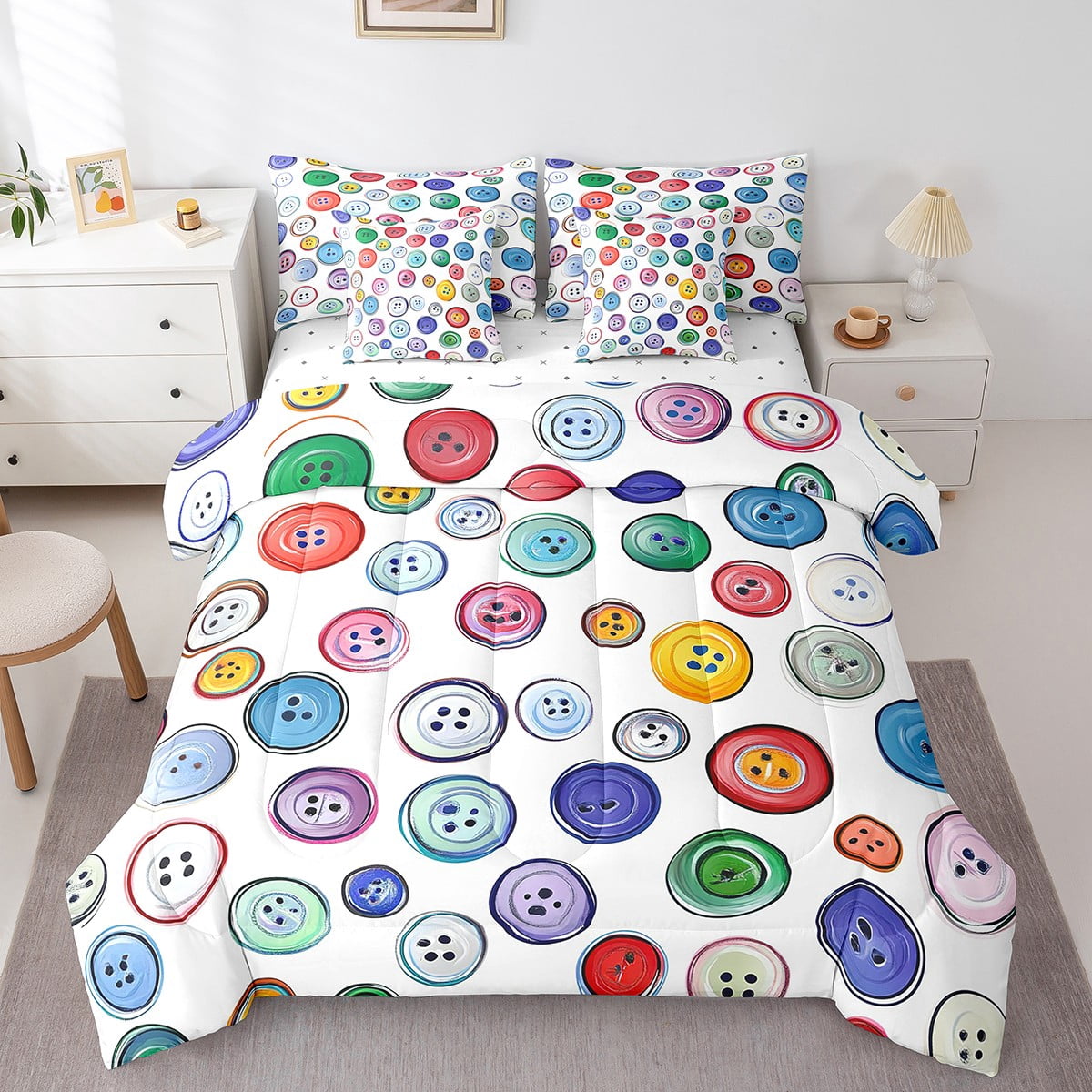 Button Decor 7 Piece Bed in a Bag King,Kawaii Buttons Comforter Set ...