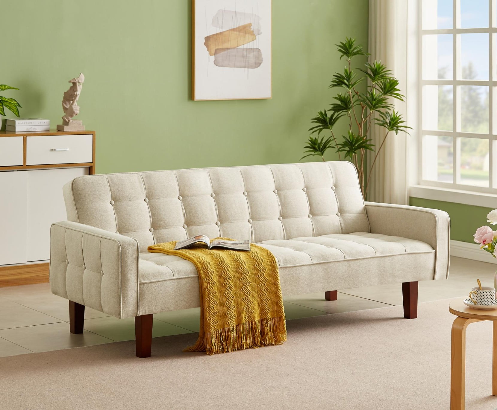 Button Design Futon Sofa Bed with Wood Legs, Linen Convertible Folding ...
