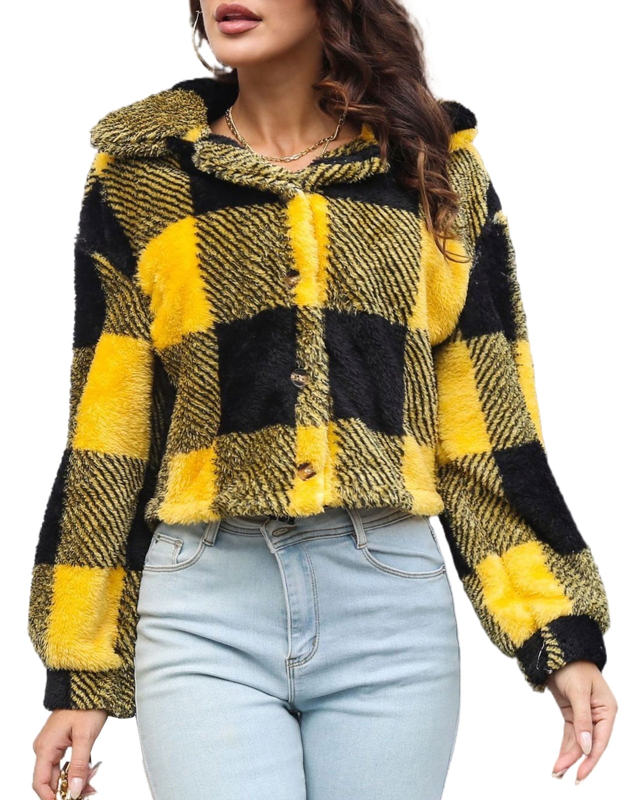 Button Down Coats for Women Trendy Plaid Lapel Neckline Sherpa Jacket Fleece Winter Warm Coats ...