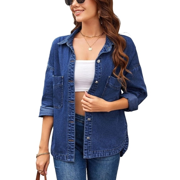 Button Down Denim Jacket For Women Collared Long Sleeve Loose Fit Coats ...