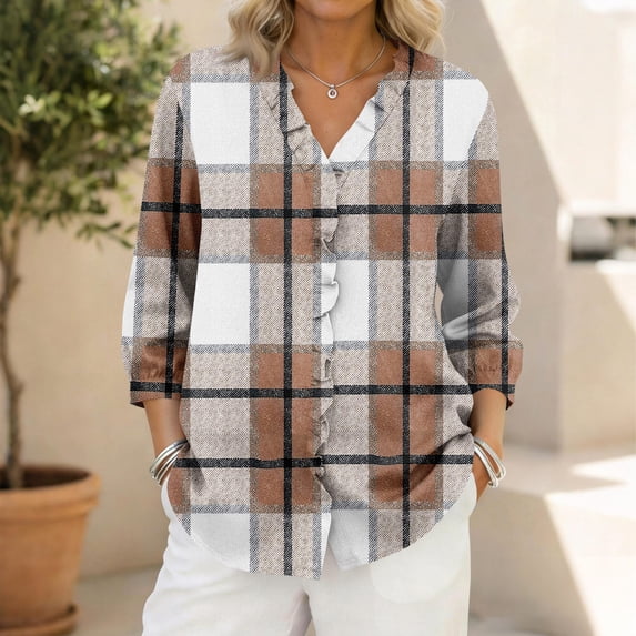 Button Down Dress Shirts for Women 3/4 Sleeve Ruffle V Neck Tops Dressy ...
