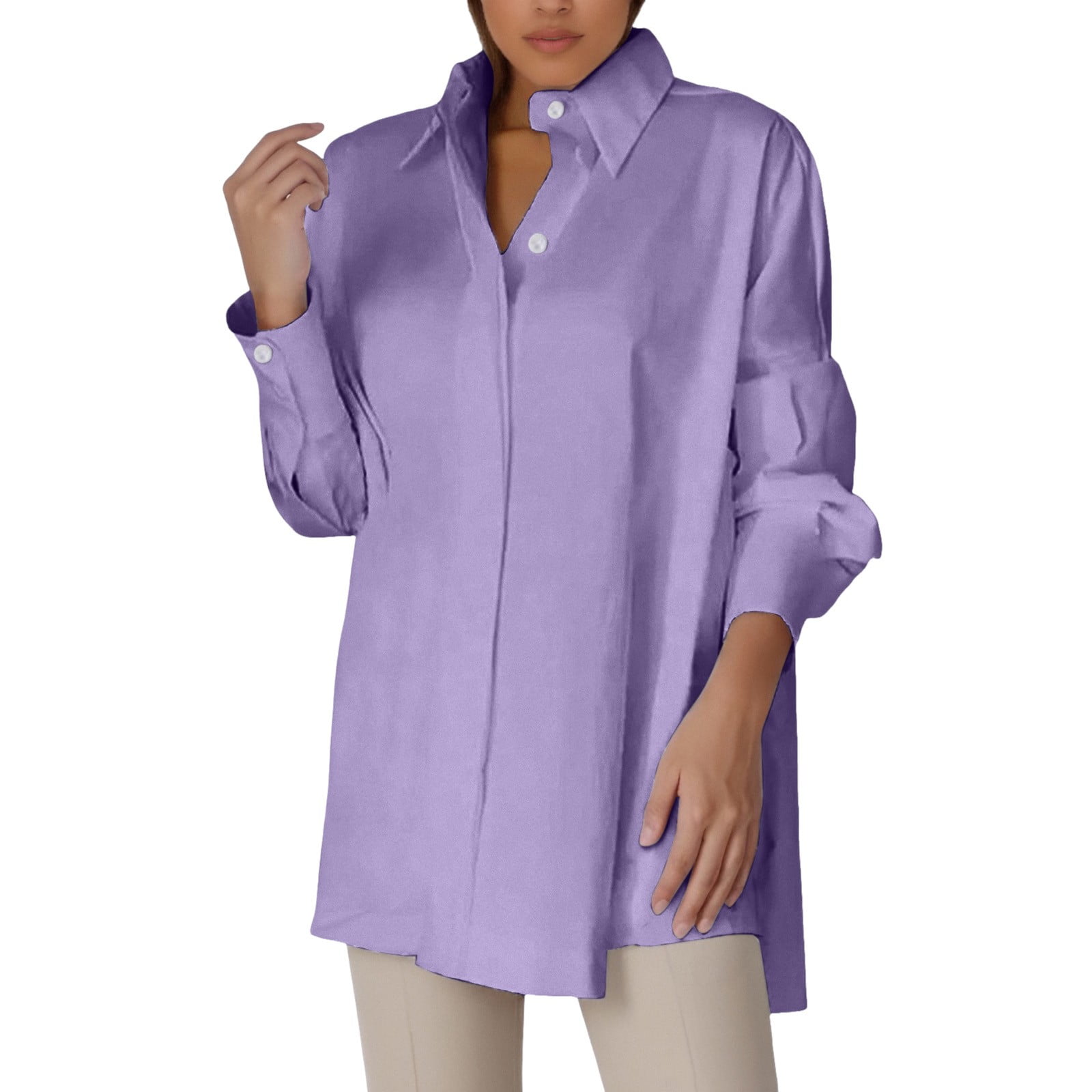 Button Down Dress Shirts for Women Solid Lapel Collar V-Neck Long Sleeve Blouses Relaxed Fit ...