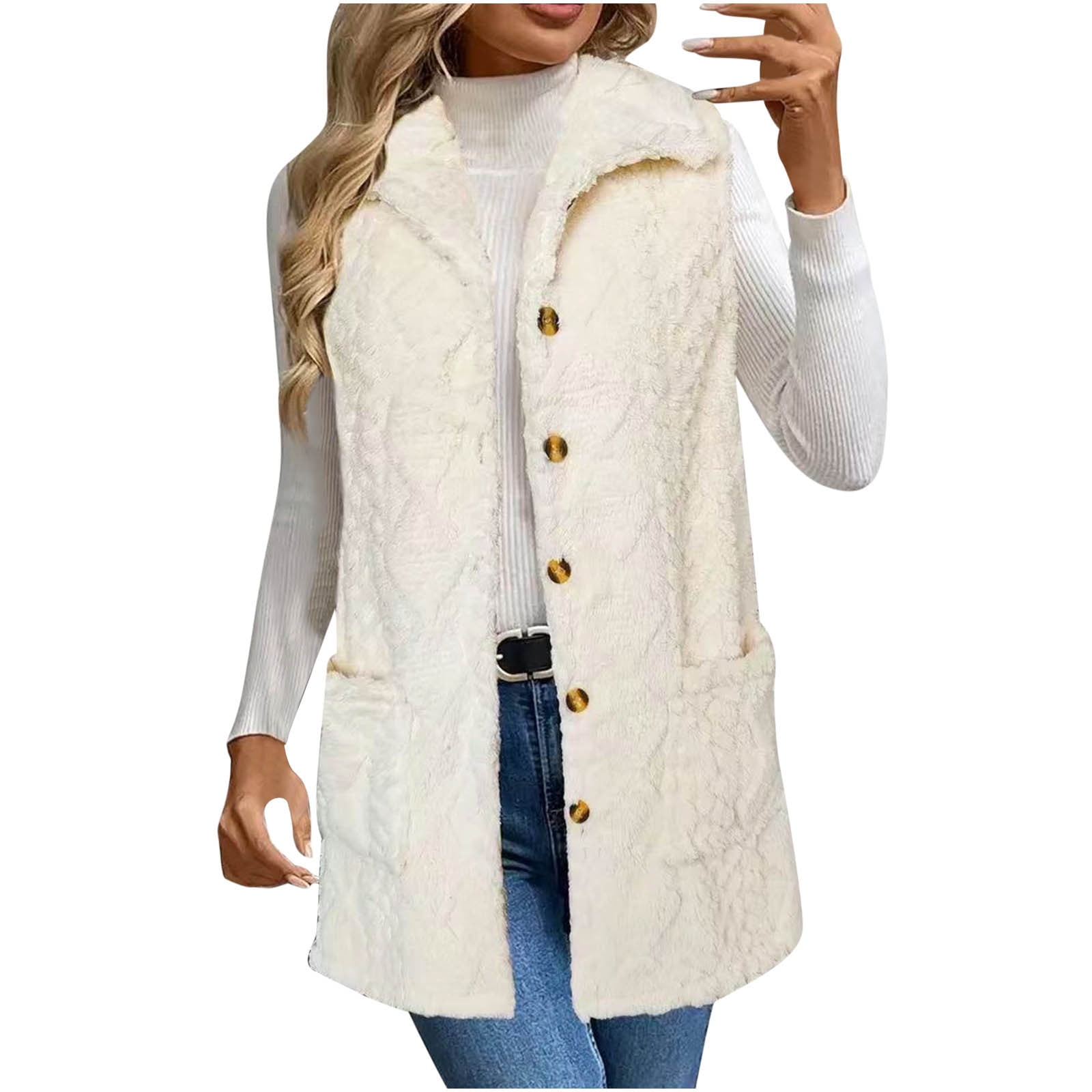 Button Down Fleece Vest Womens Soft Sherpa Long Jacket Coat Sleeveless Casual Collared Fuzzy ...
