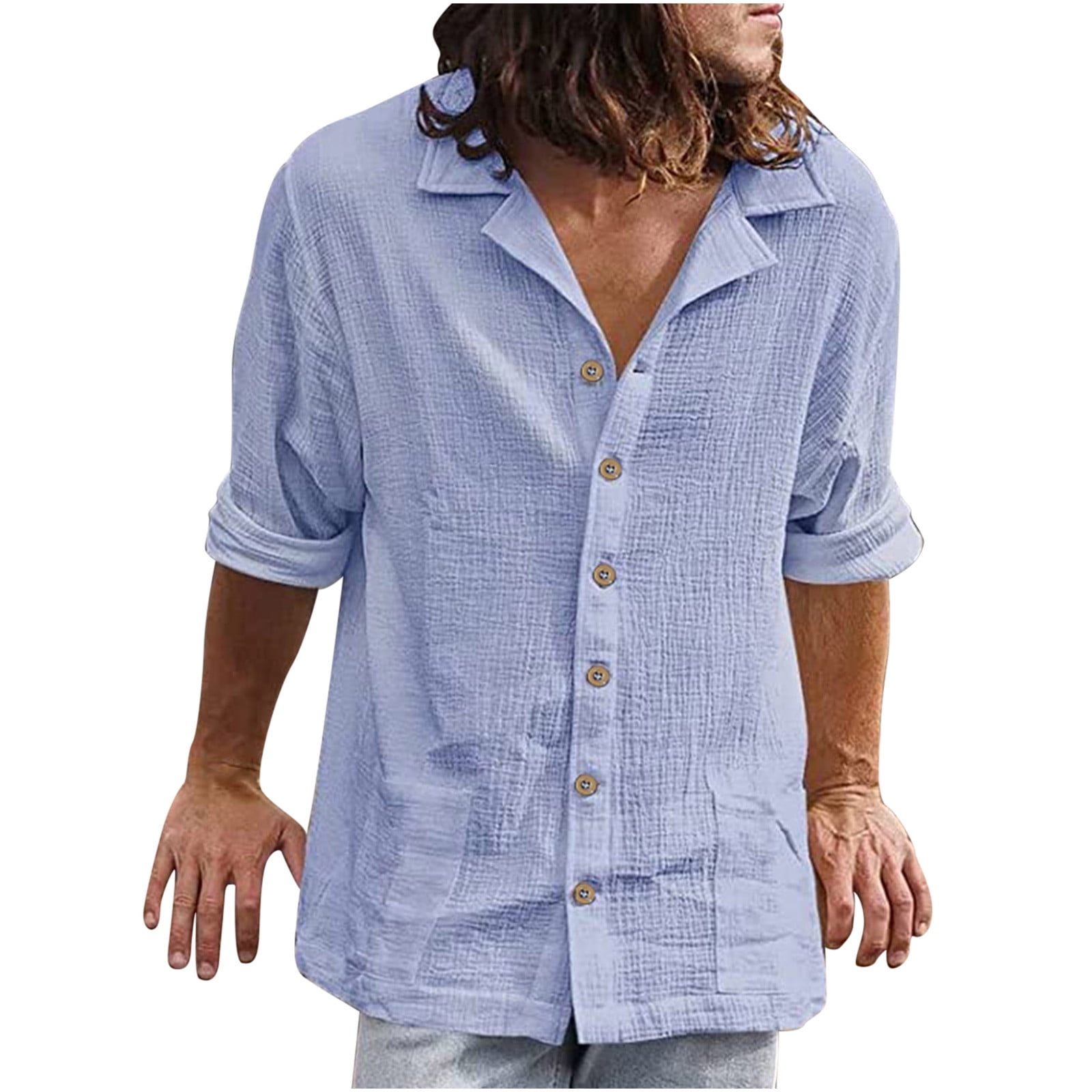 Button Down Linen Shirts Mens Long Sleeve Rolled Lapel Collar Shirt ...