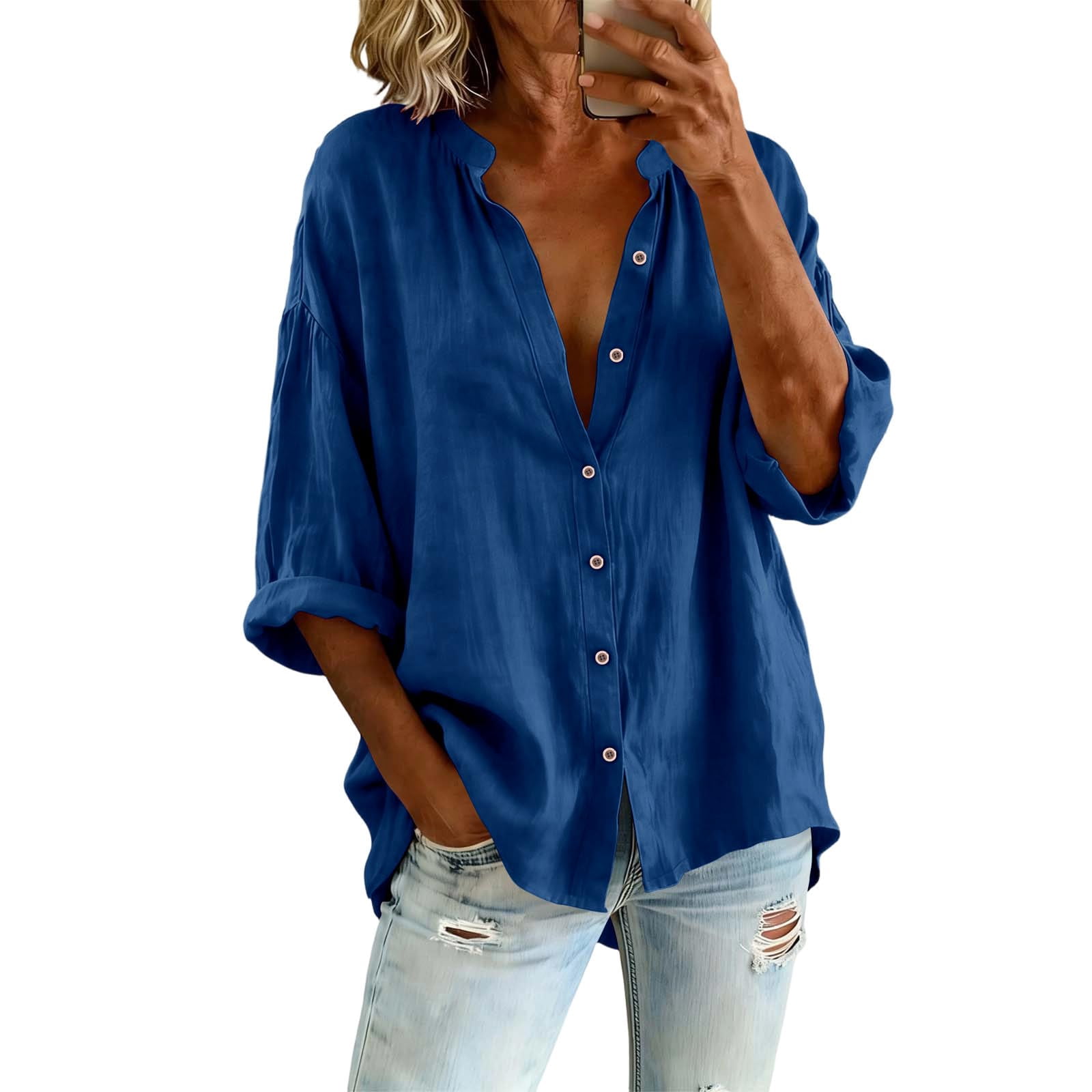 Button Down Linen Shirts for Women Casual 3/4 Sleeve Summer Tops Stand ...