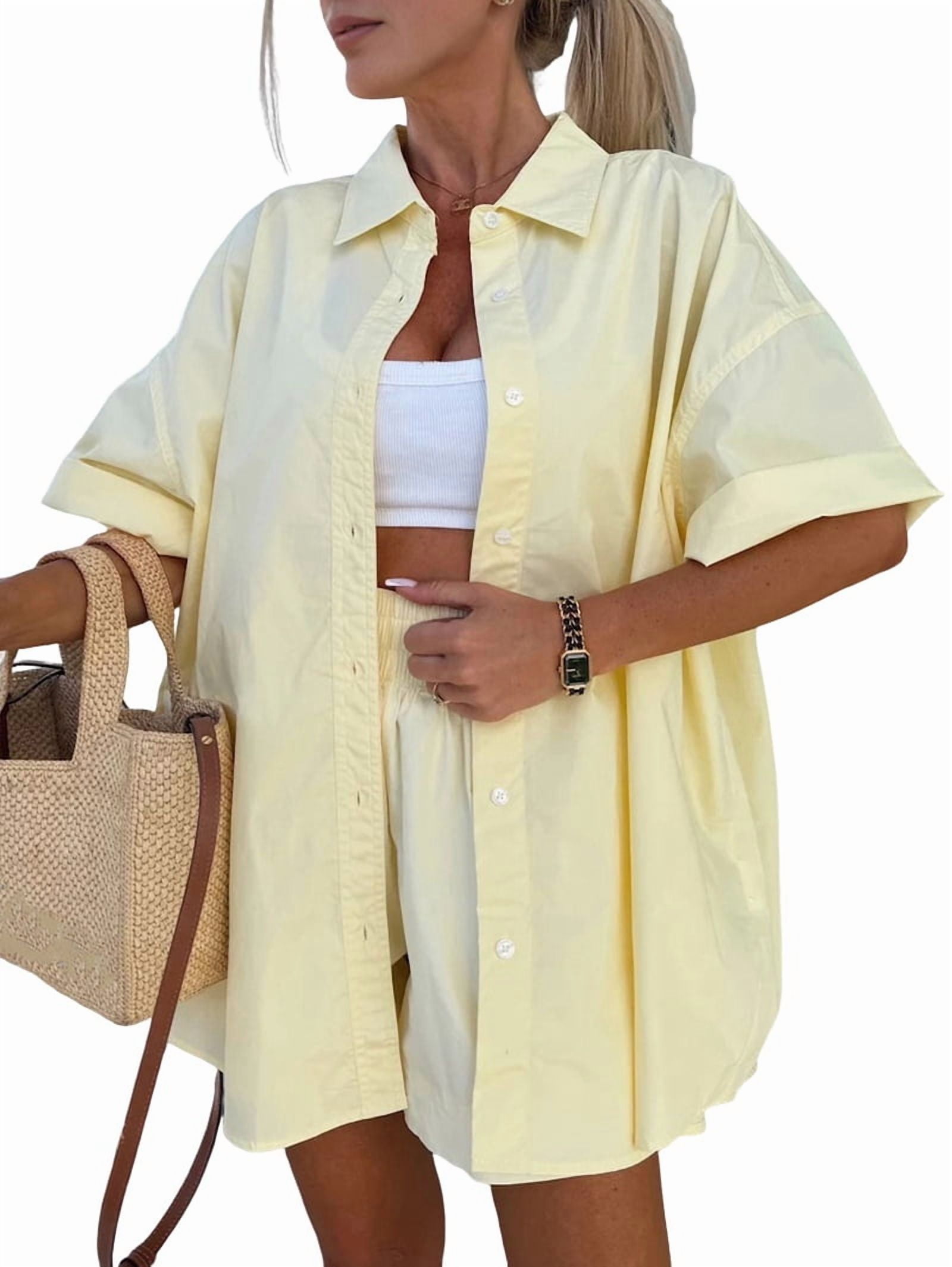 Button Down Linen Short Sets for Women Short Sleeve Top Shorts 2 Piece ...