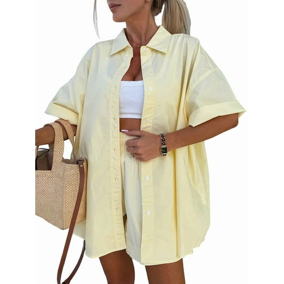 Button Down Linen Short Sets for Women Short Sleeve Top Shorts 2 Piece Summer Vacation Outfits ...