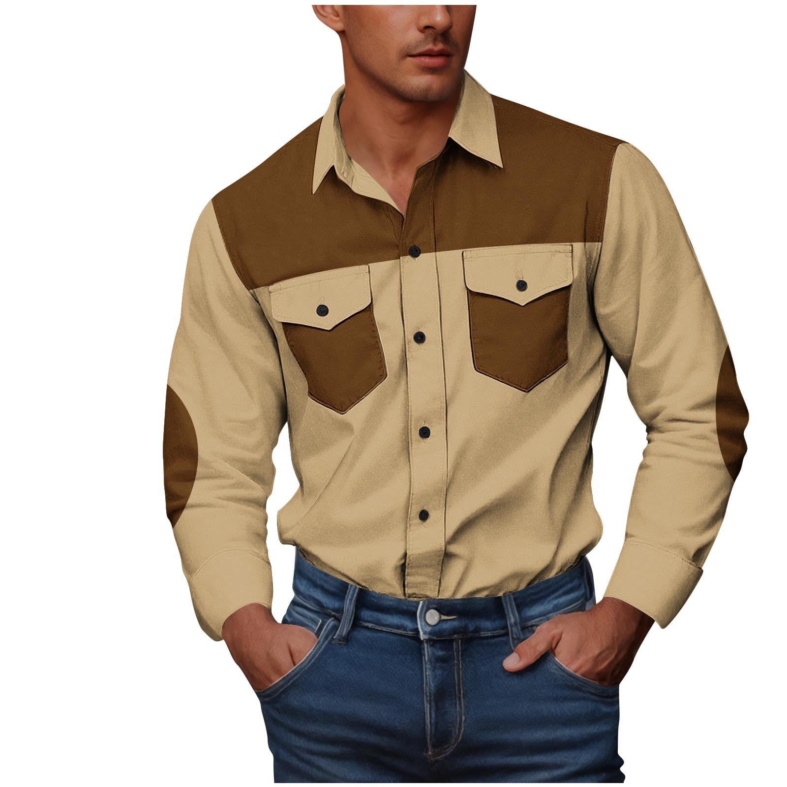 Button Down Long Sleeve Shirts for Men Casual Color Block Elbow ...