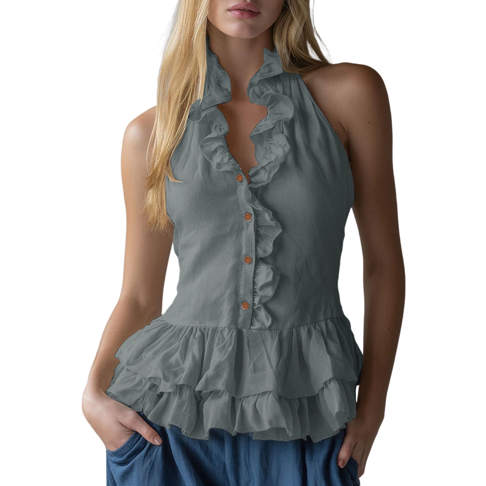 Button Down Off-Shoulder Shirts for Women Summer Beach Sleeveless ...