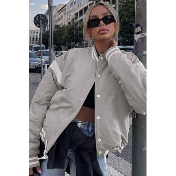 Button Down Oversized Varsity Baseball Jacket (S, MultiGrey) - Walmart.com