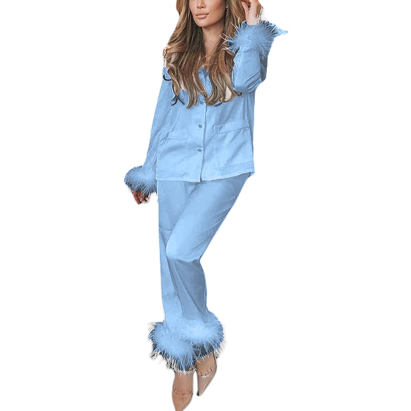 Button Down Pajamas Set for Women Long Sleeve Satin Silk Feather Trim ...
