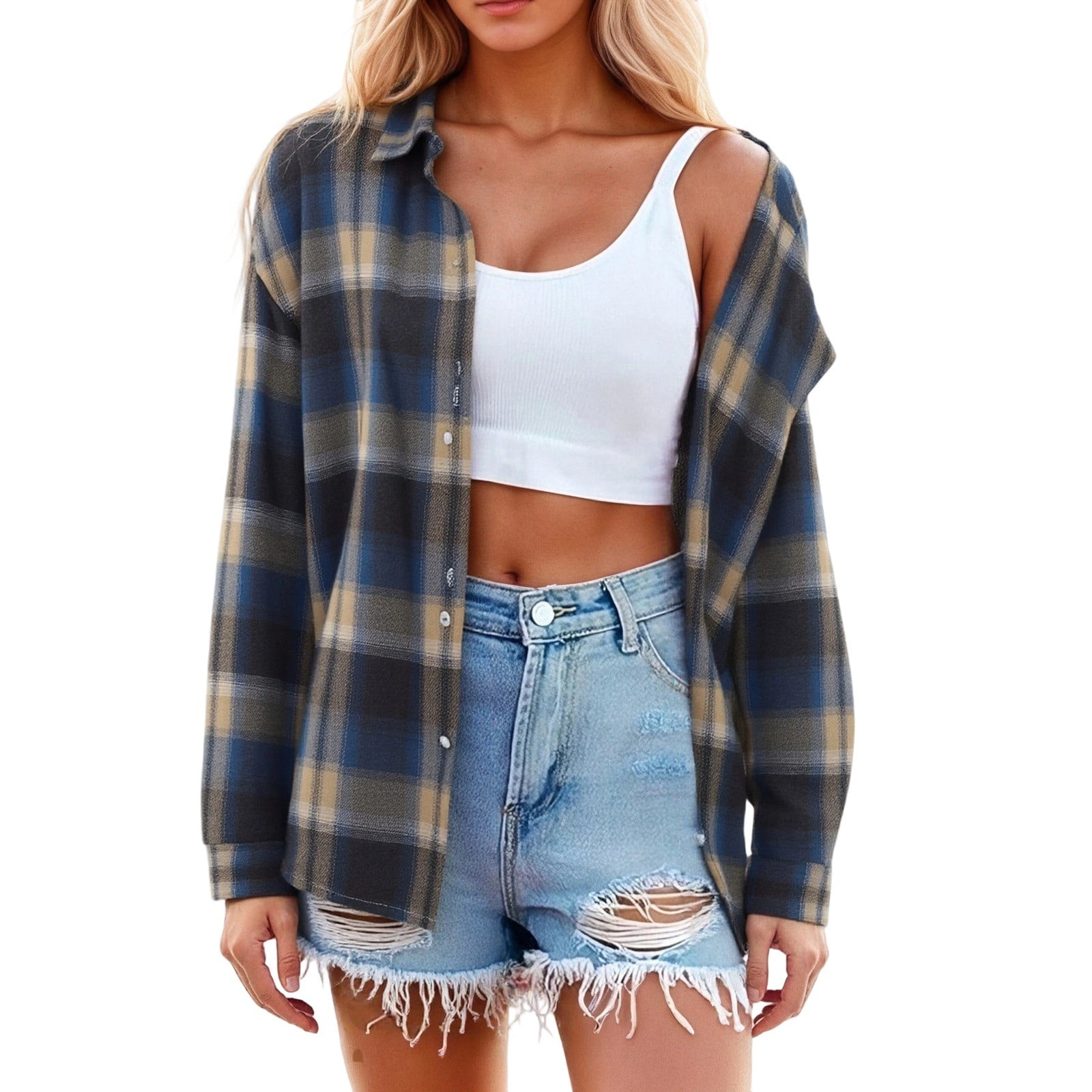Button Down Plaid Shirts for Women Spring Summer Lapel Collar Long ...