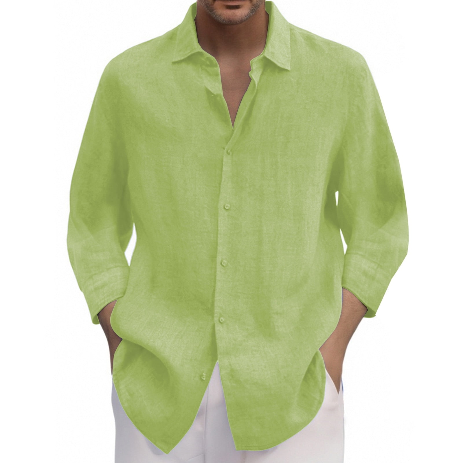 Button Down Shirt Men 3/4 Sleeve Solid Linen Casual Button Down Collar Shirts Long Sleeve Shirt ...