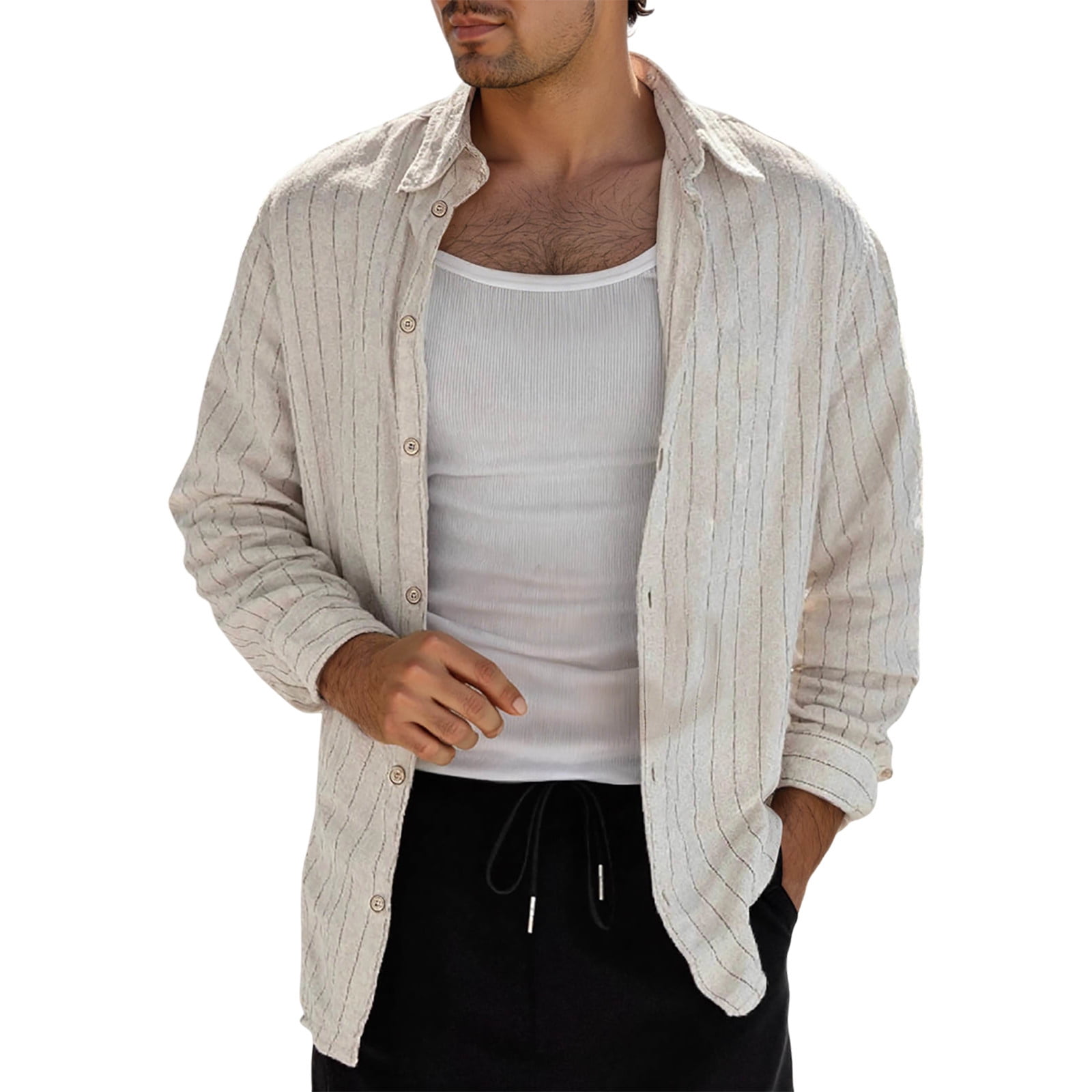 Button Down Shirt Men Fall Striped Print Loose Fit Casual Long Sleeved ...