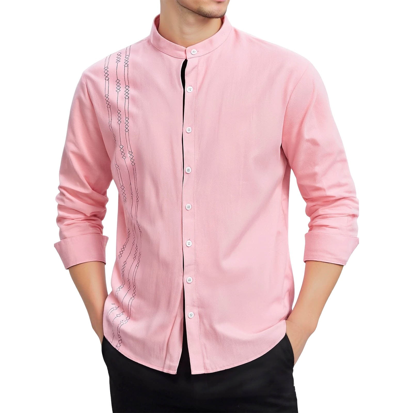 Button Down Shirt Men Geometric Print Long Sleeve Stand Collar Casual ...