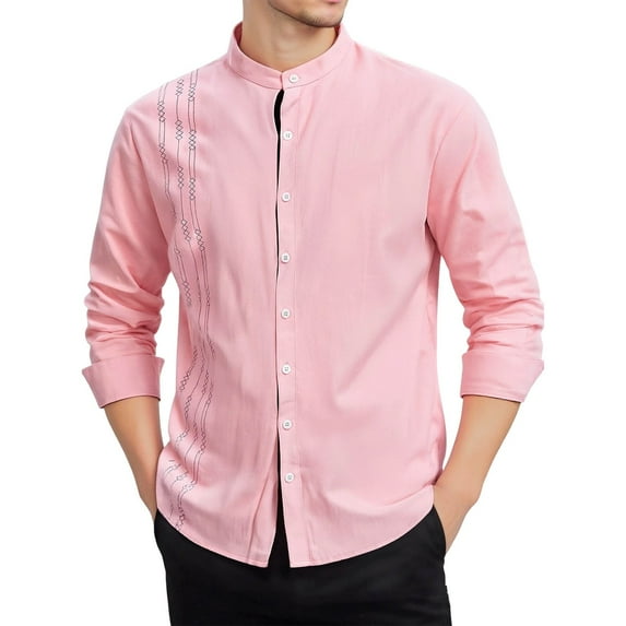 Button Down Shirt Men Geometric Print Long Sleeve Stand Collar Casual ...