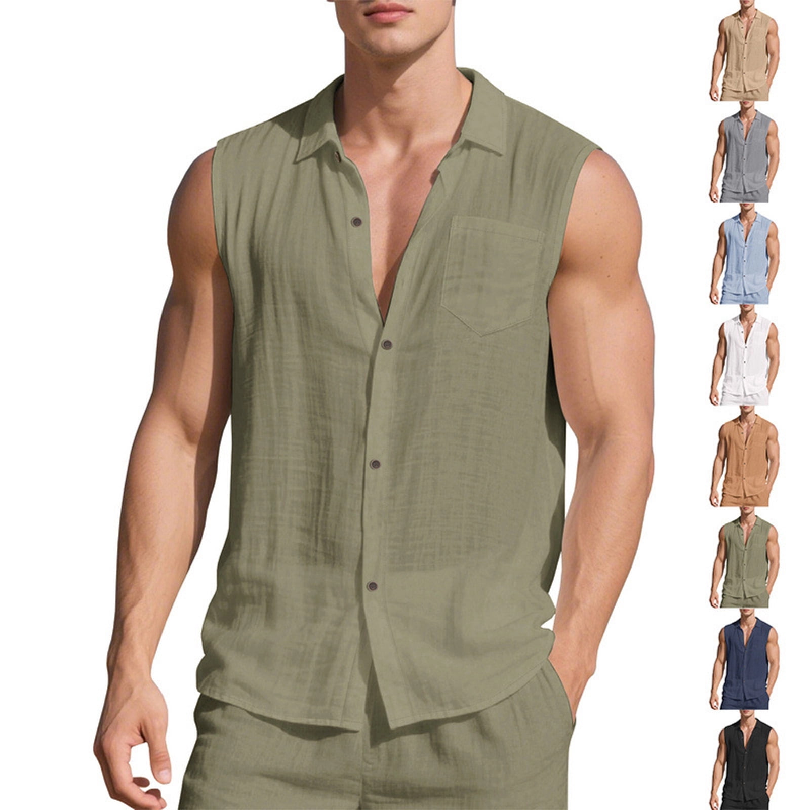 Button Down Shirt Men Summer Sleeveless Cotton Linen Tops Casual ...