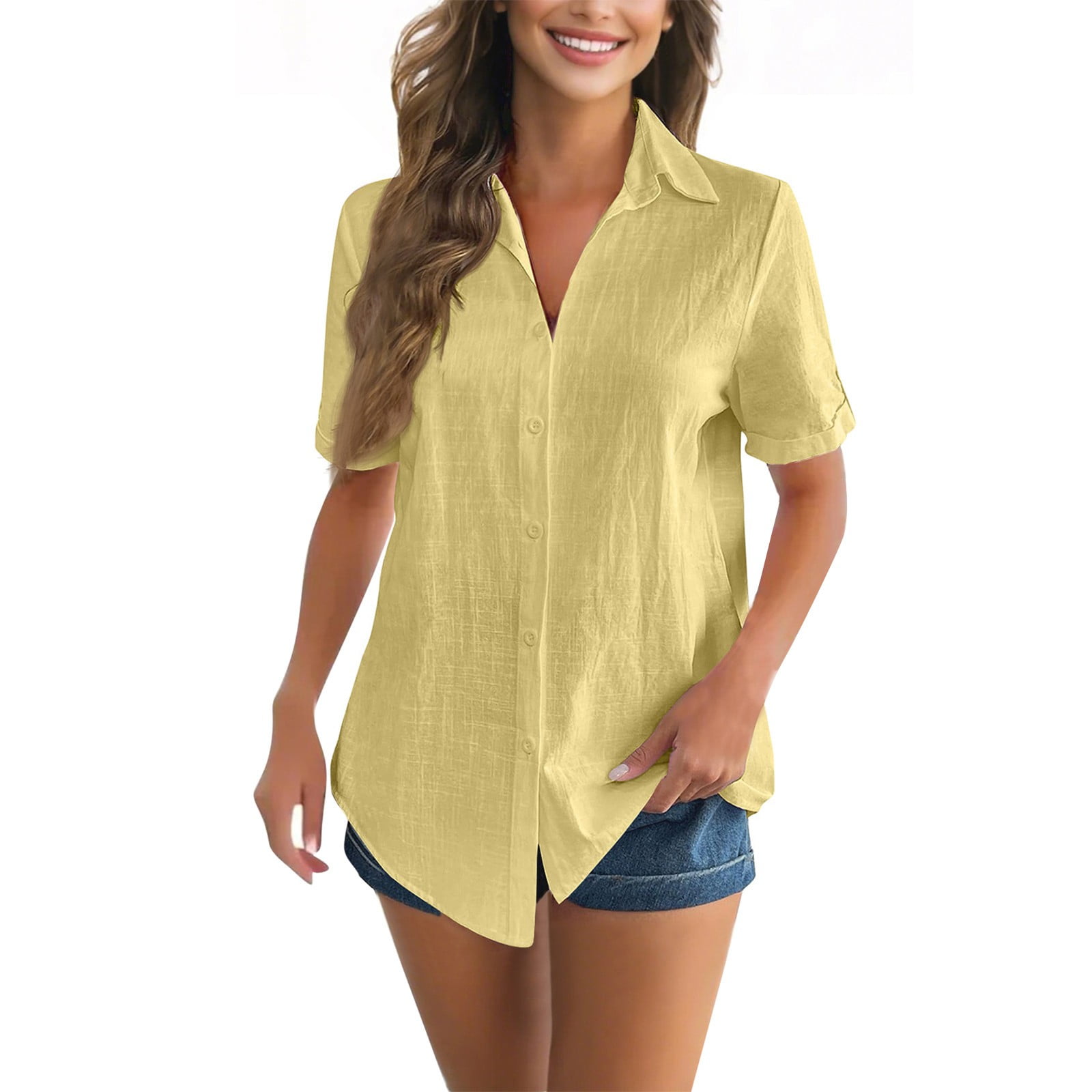 Button Down Shirt Women Cotton Short Sleeve Blouses V Neck Collared ...