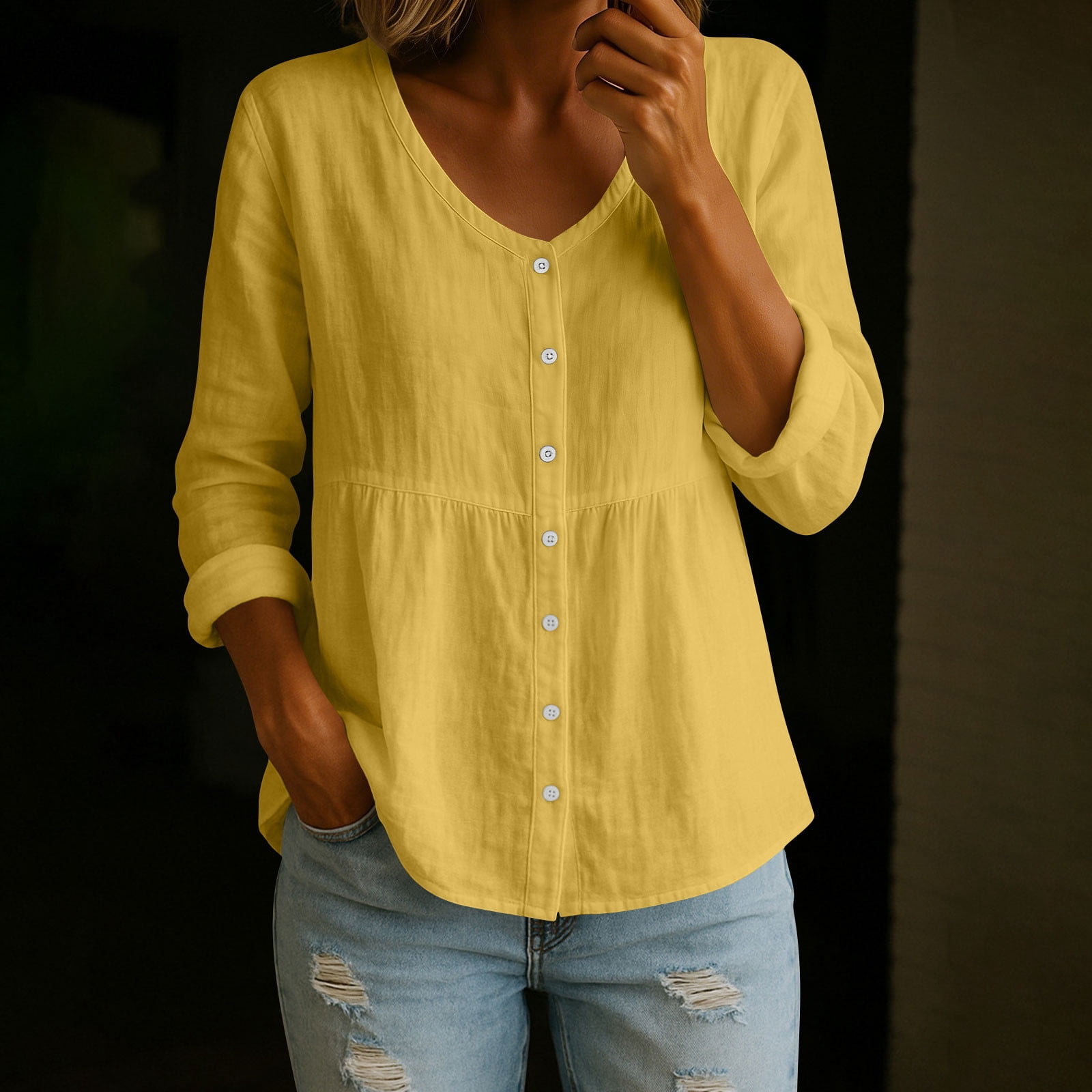 Button Down Shirt for Women V Neck Long Sleeve Roll-Up Tab Sleeves ...