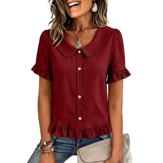 Button Down Shirts For Women Peter Pan Collar Short Sleeve Tee Blouse ...
