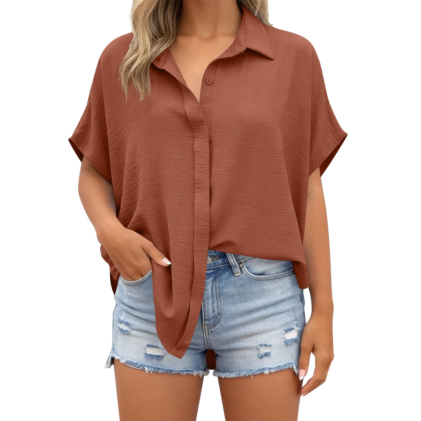 Button Down Shirts For Women V-Neck Batwing Short Sleeve Tunic Tee Tops ...