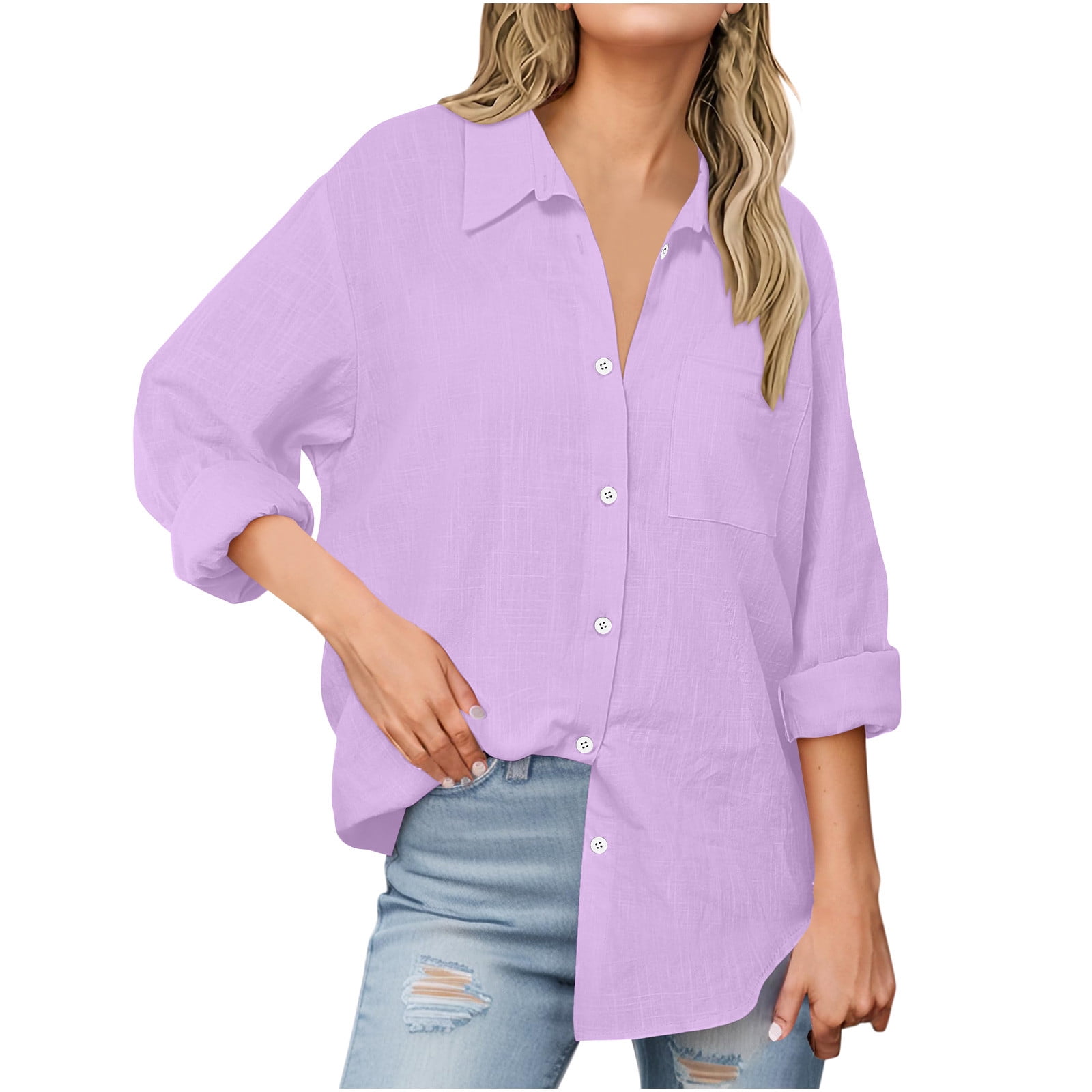 Button Down Shirts Women V Neck Long/Roll Up Sleeve Gauze Texture ...