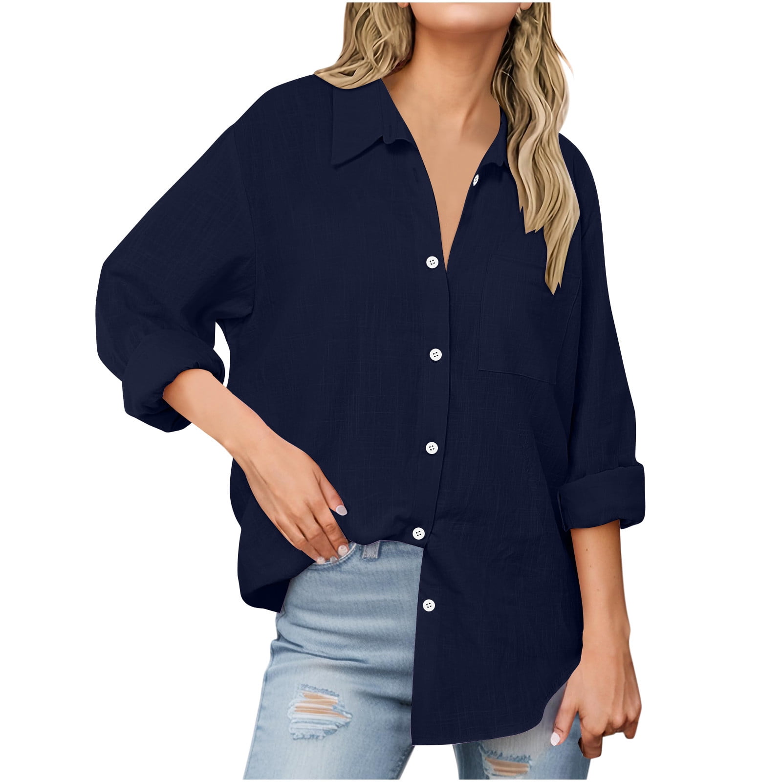 Button Down Shirts Women V Neck Long/Roll Up Sleeve Gauze Texture ...