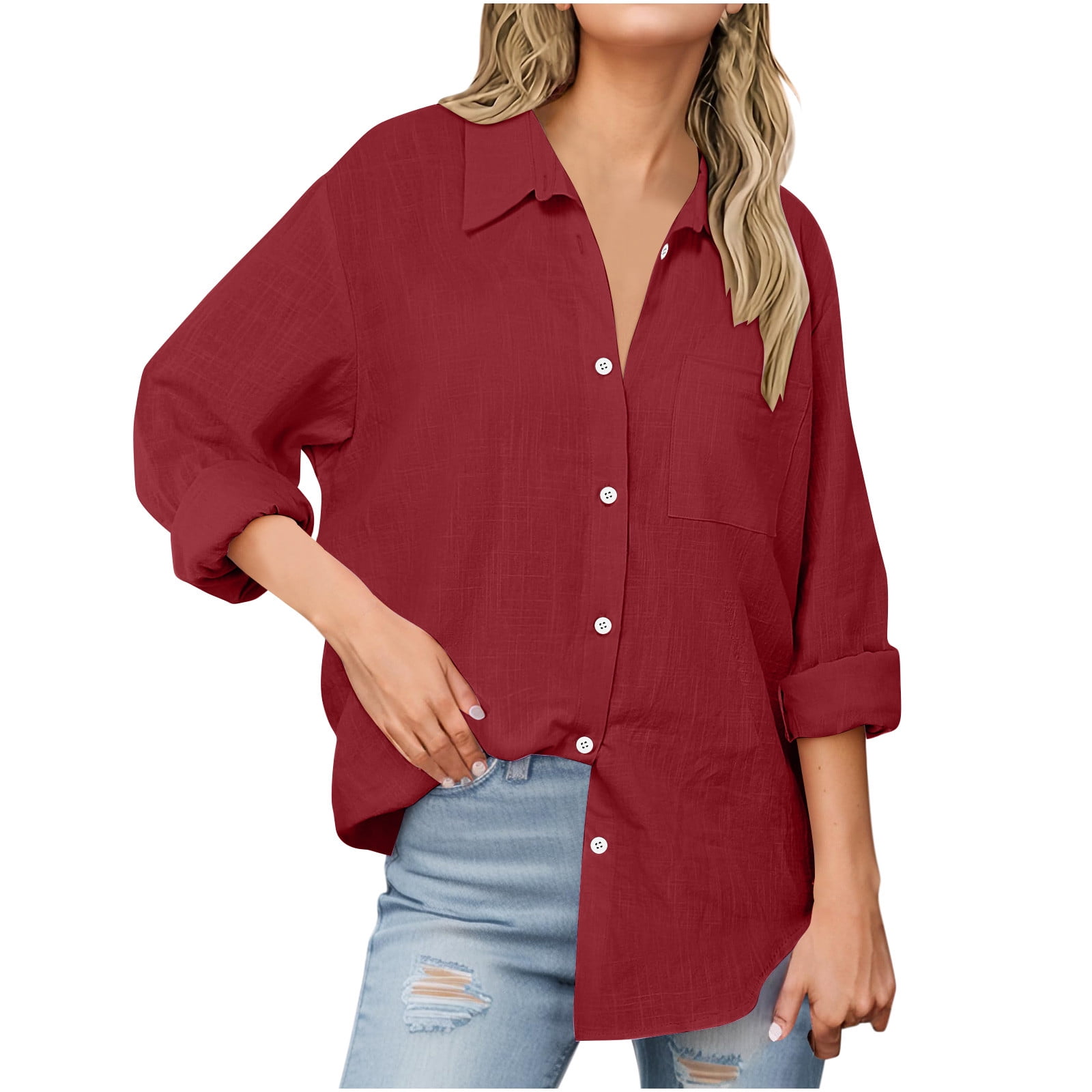 Button Down Shirts Women V Neck Long/Roll Up Sleeve Gauze Texture ...