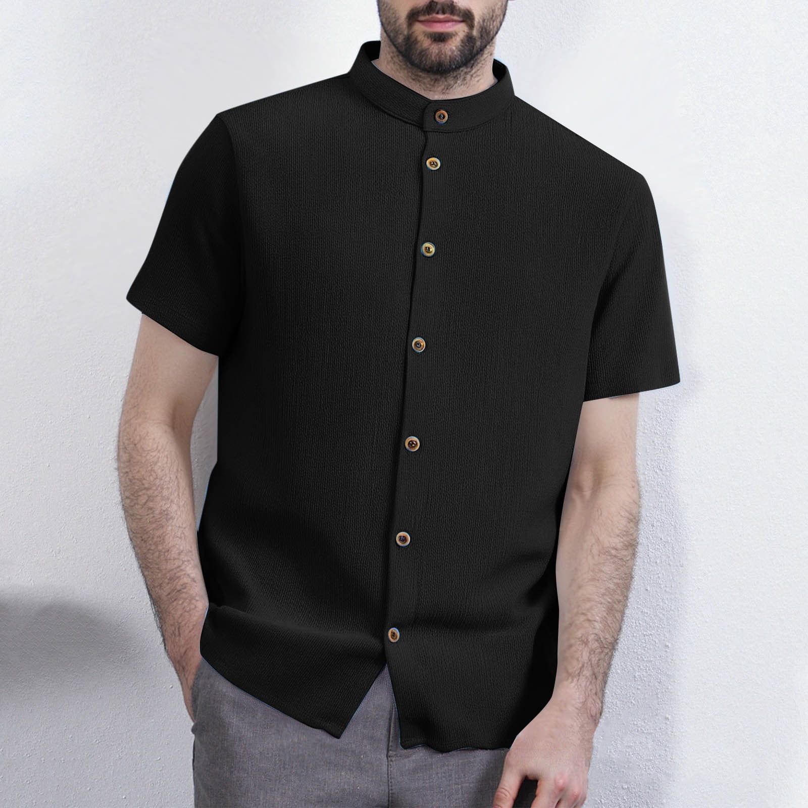 Button-Down Shirts for Men Short Sleeve Stand Collared Tshirts Shirt ...