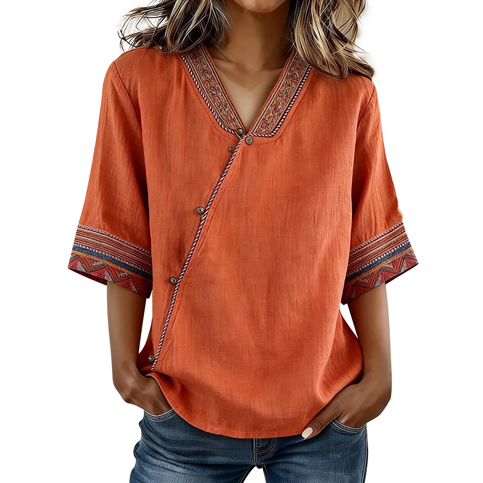 Button Down Shirts for Women 2026 Summer Casual Printed V Neck 3/4 ...
