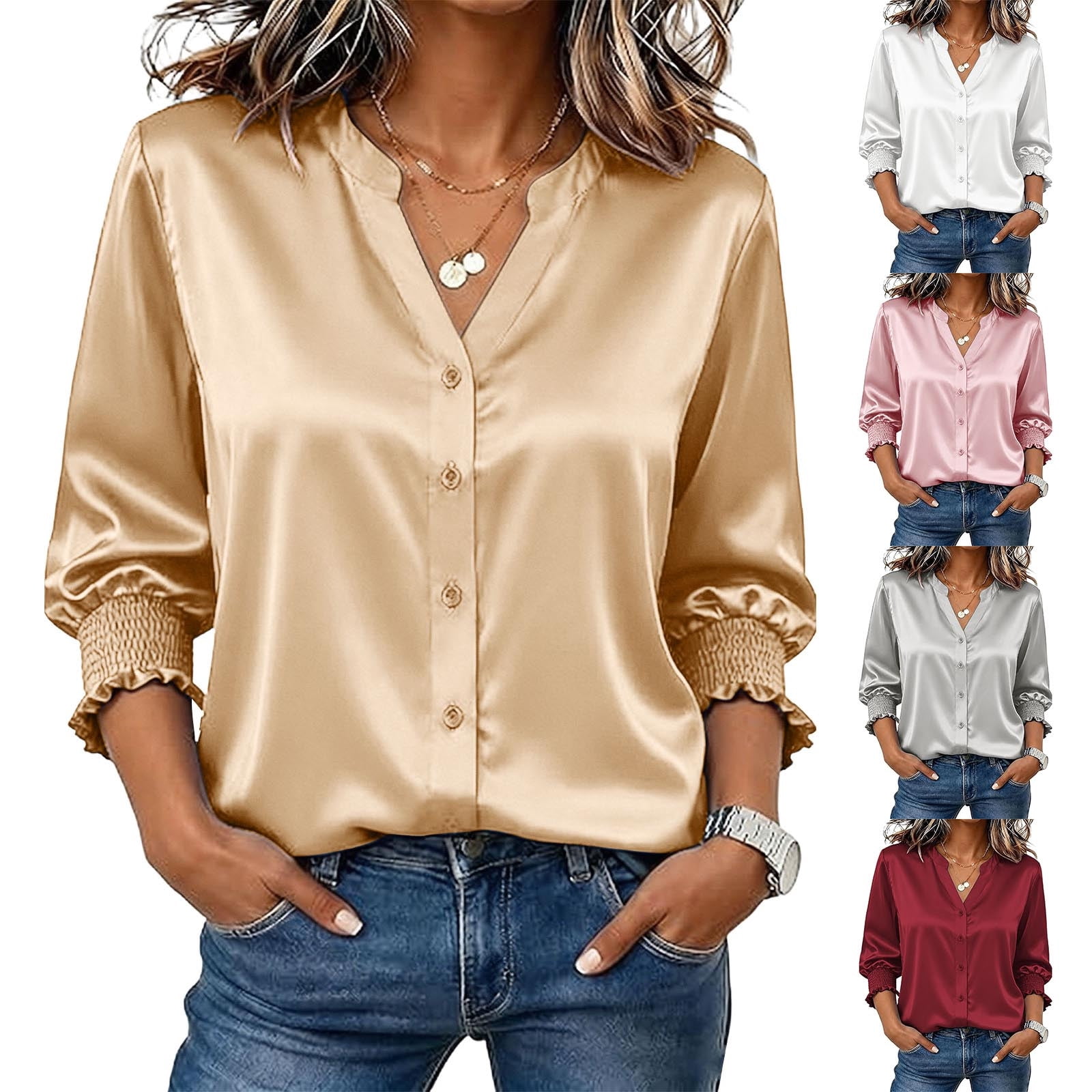 Button Down Shirts for Women 3/4 Length Pleated Sleeve V Neck Blouses ...